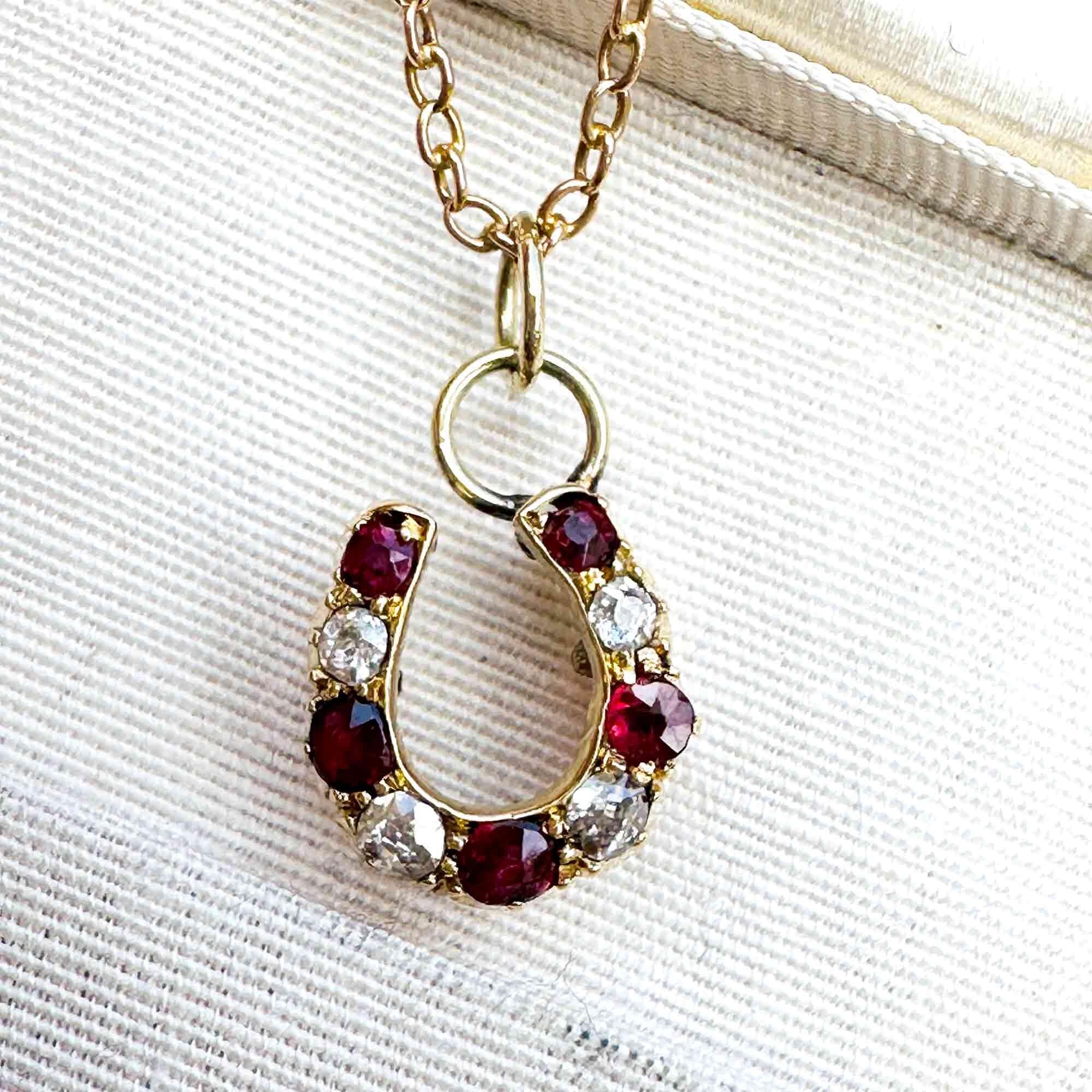 Victorian Gold Ruby Diamond Horseshoe Pendant, Lucky Charm Necklace ...
