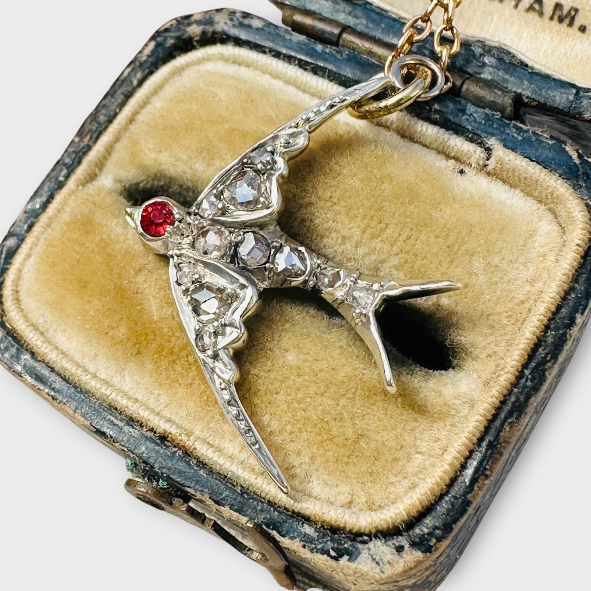 Edwardian 9k Gold Swallow Pendant with Diamonds & Ruby, Vintage Bird ...