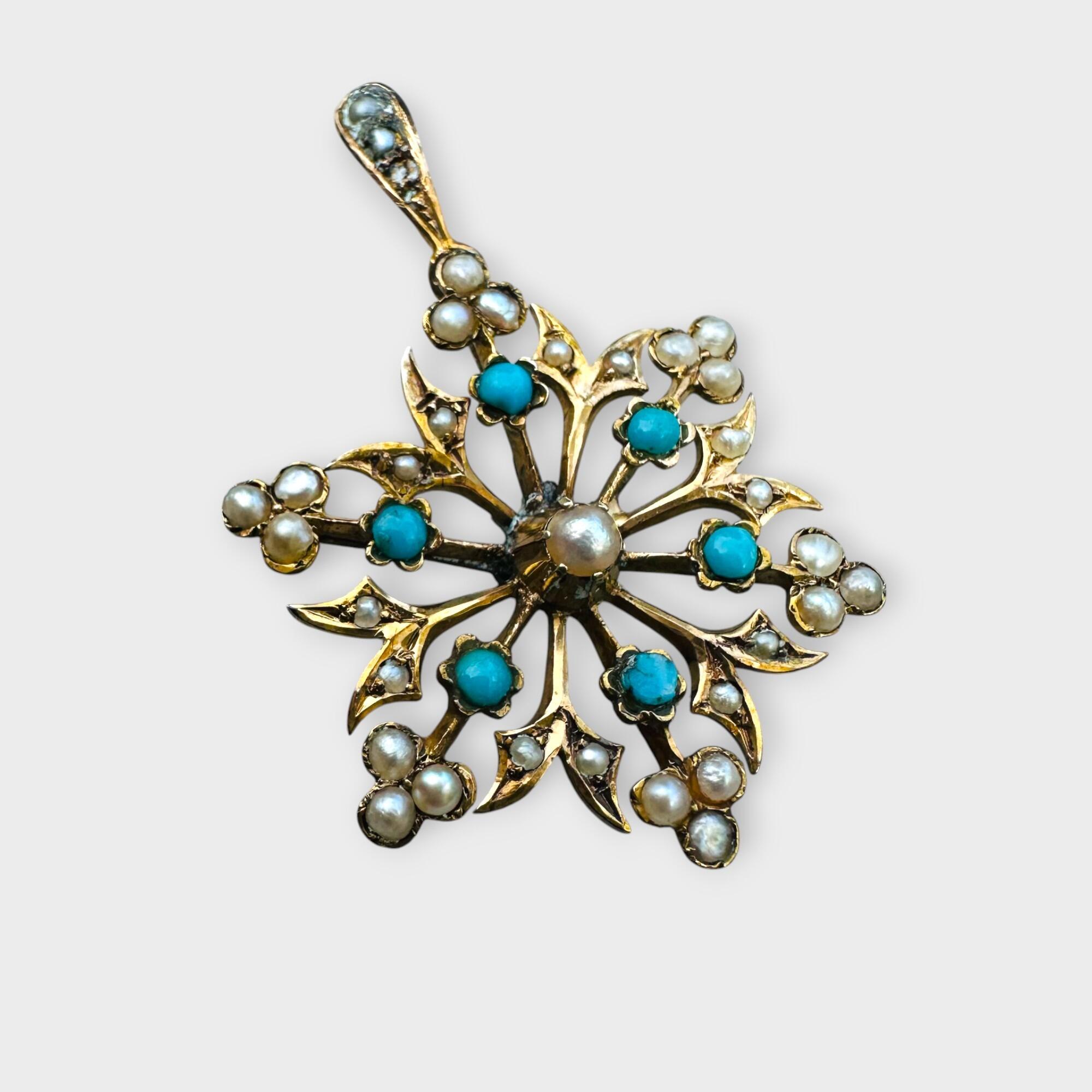 Antique 9ct Gold Turquoise Pearl Pendant, Art Nouveau Starburst Floral ...