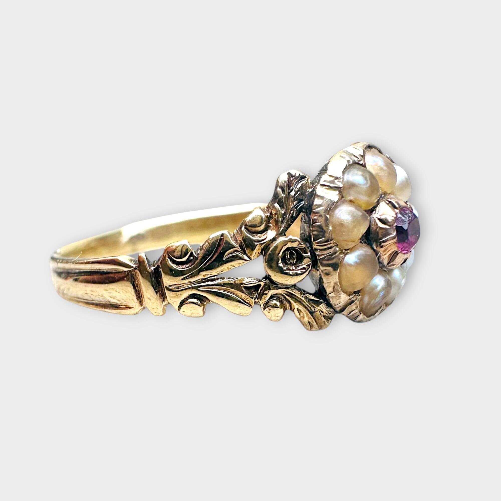 Victorian 15ct Gold Ruby & Pearl Ring - Antique Promise Jewelry