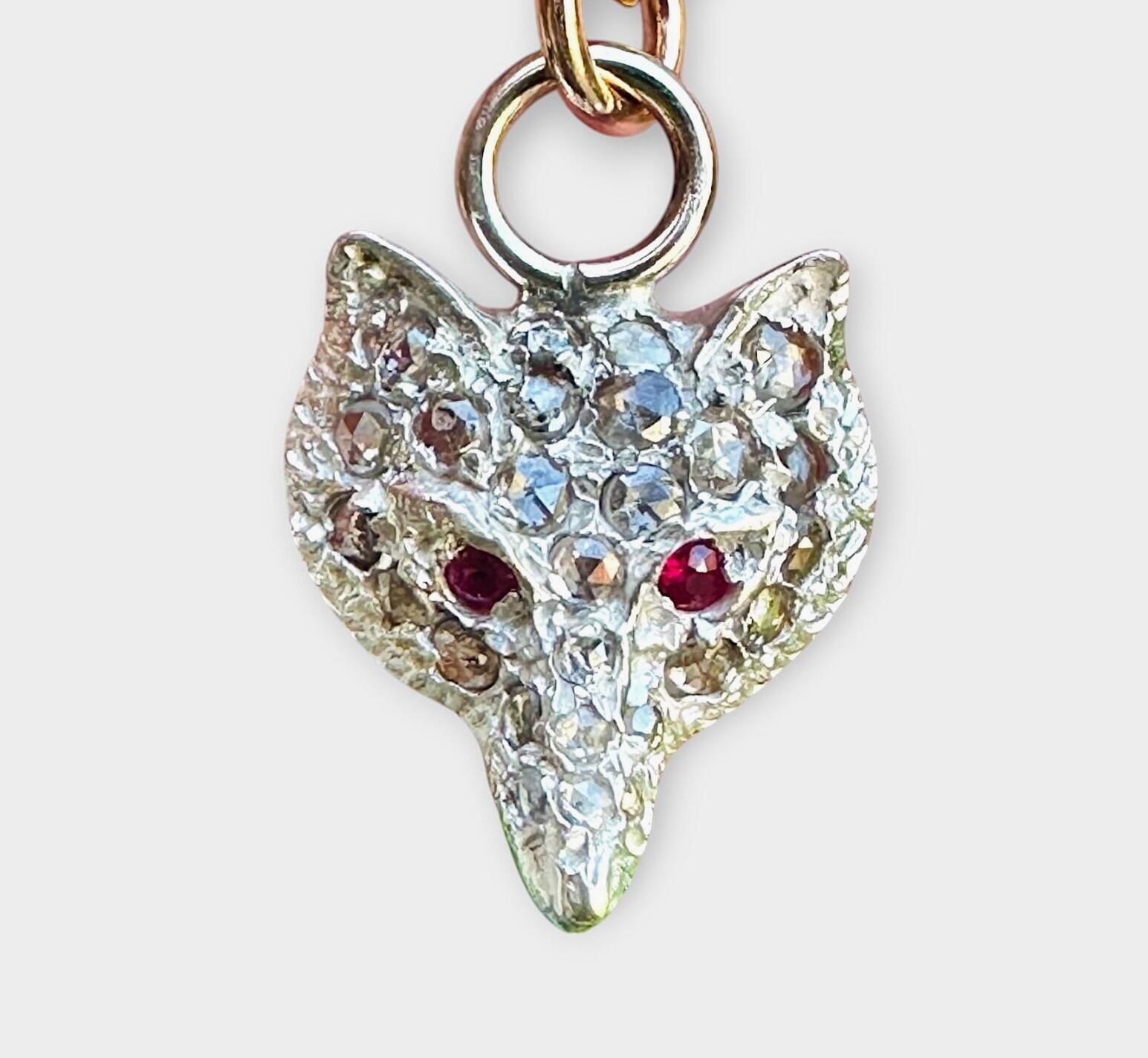 Antique Fox Pendant: Diamonds, Ruby Eyes, Silver & Rose Gold
