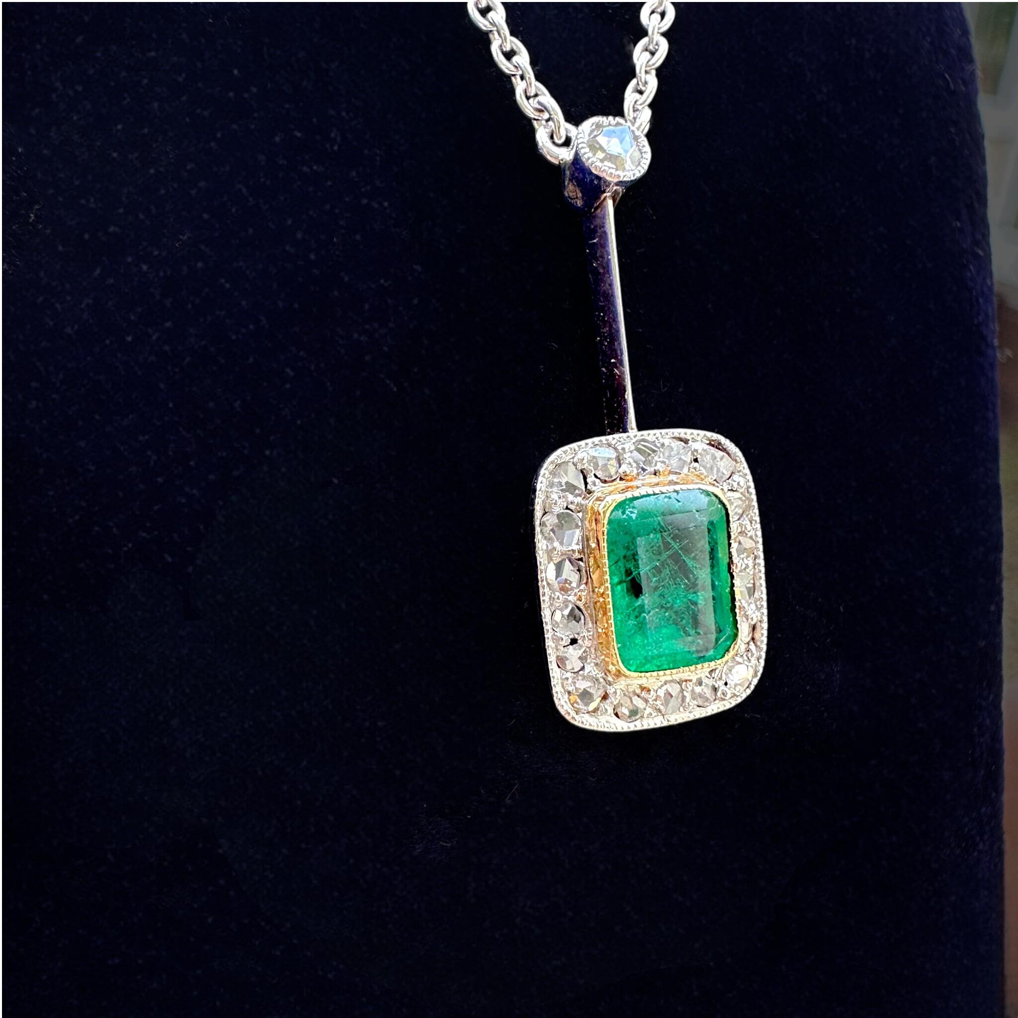 Antique Emerald & Diamond Drop Necklace - 18K Gold Paris Hallmark