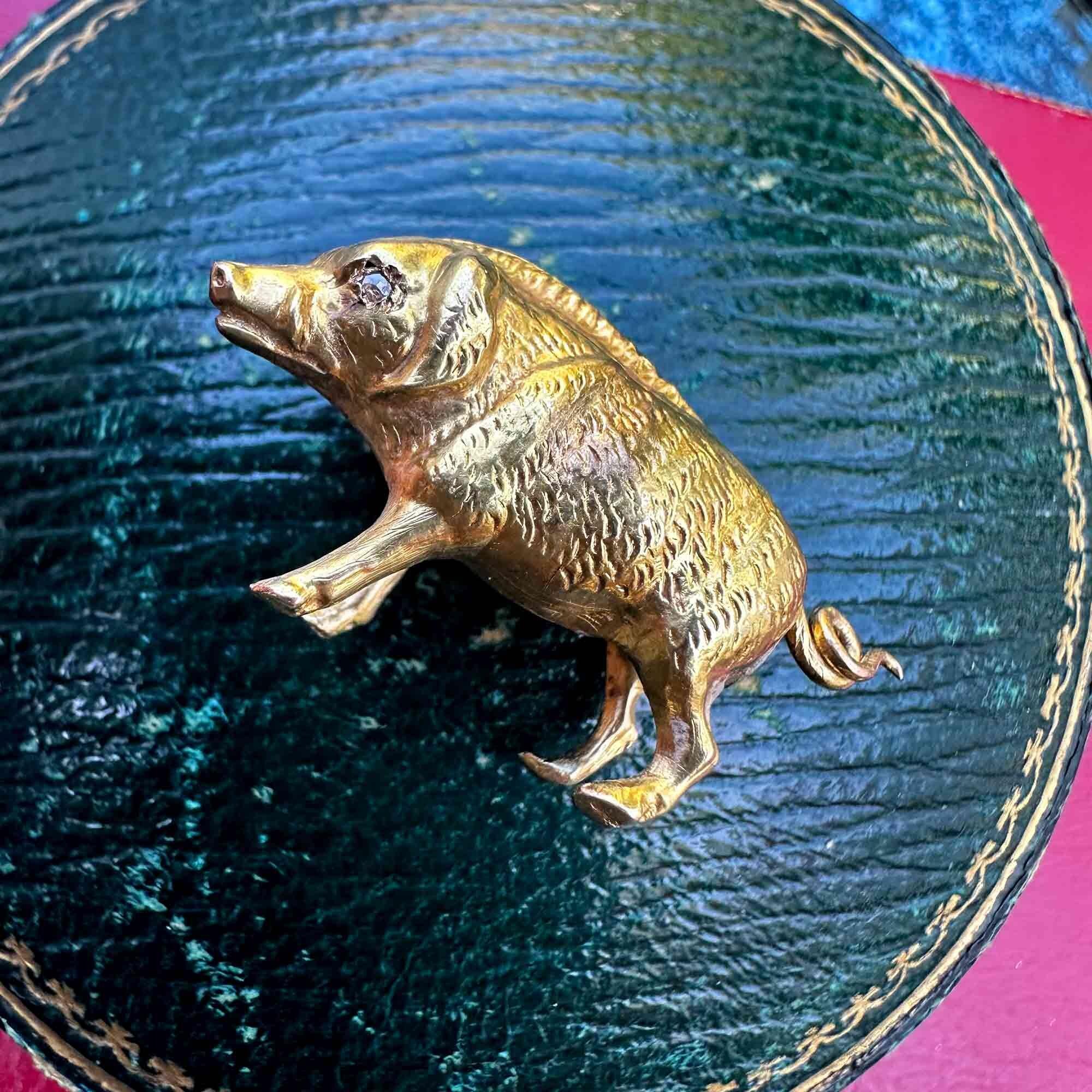 Victorian Gold Wild Boar Pendant with Diamond Eyes - Antique Charm