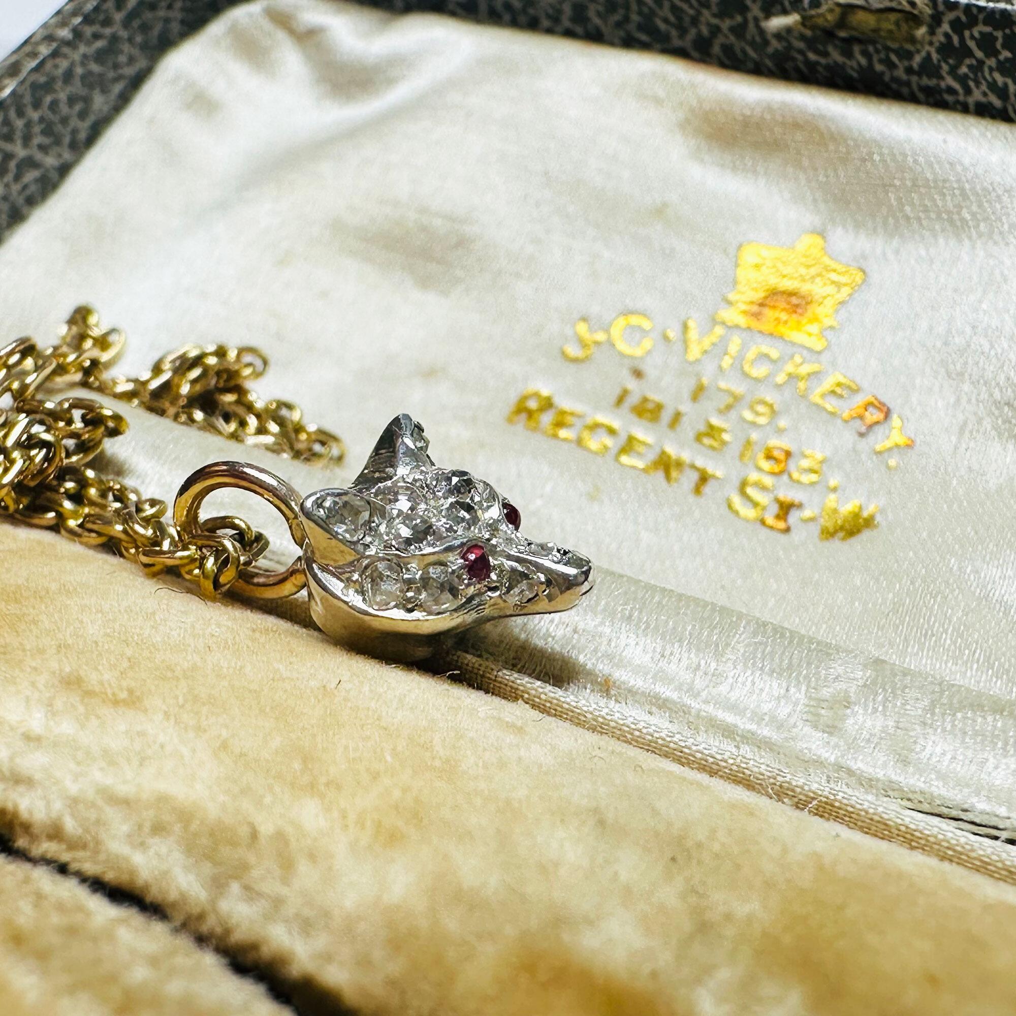 Antique Diamond Ruby Pendant: Enchanted Fox, Symbol of Wisdom and Fire