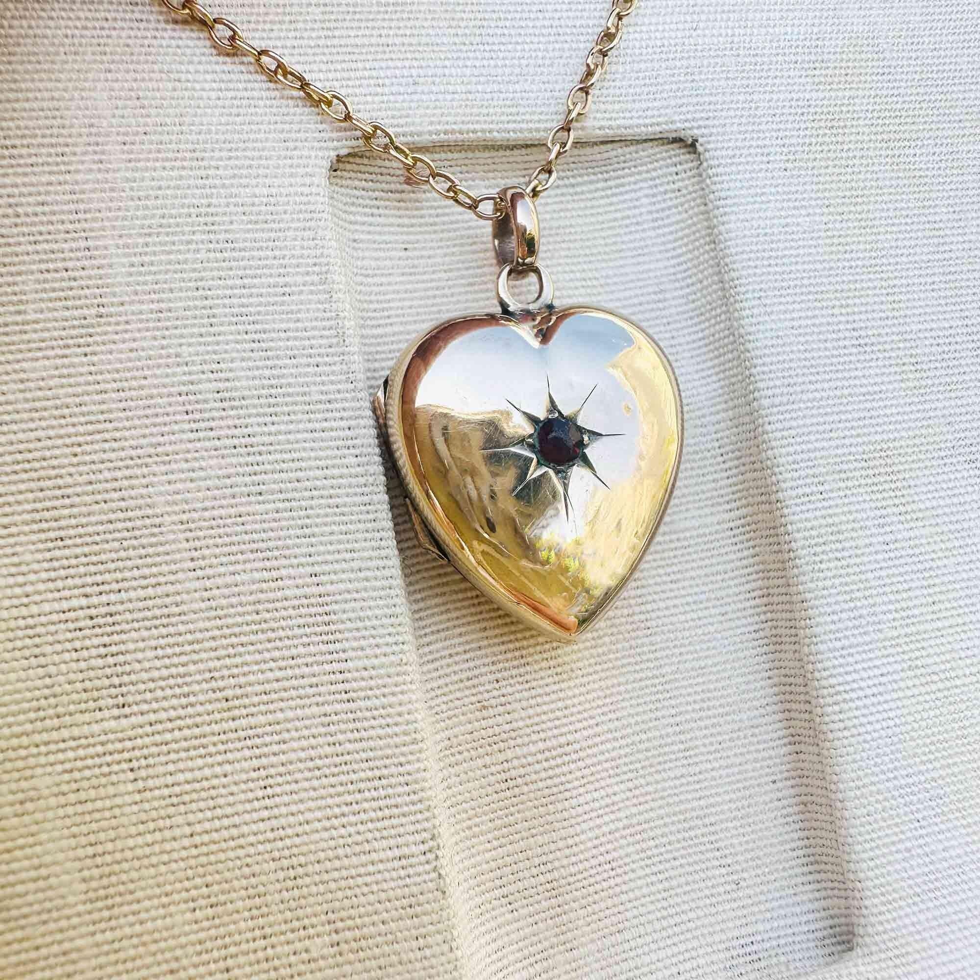 Victorian Gold Heart Locket with Garnet Star - Timeless Elegance