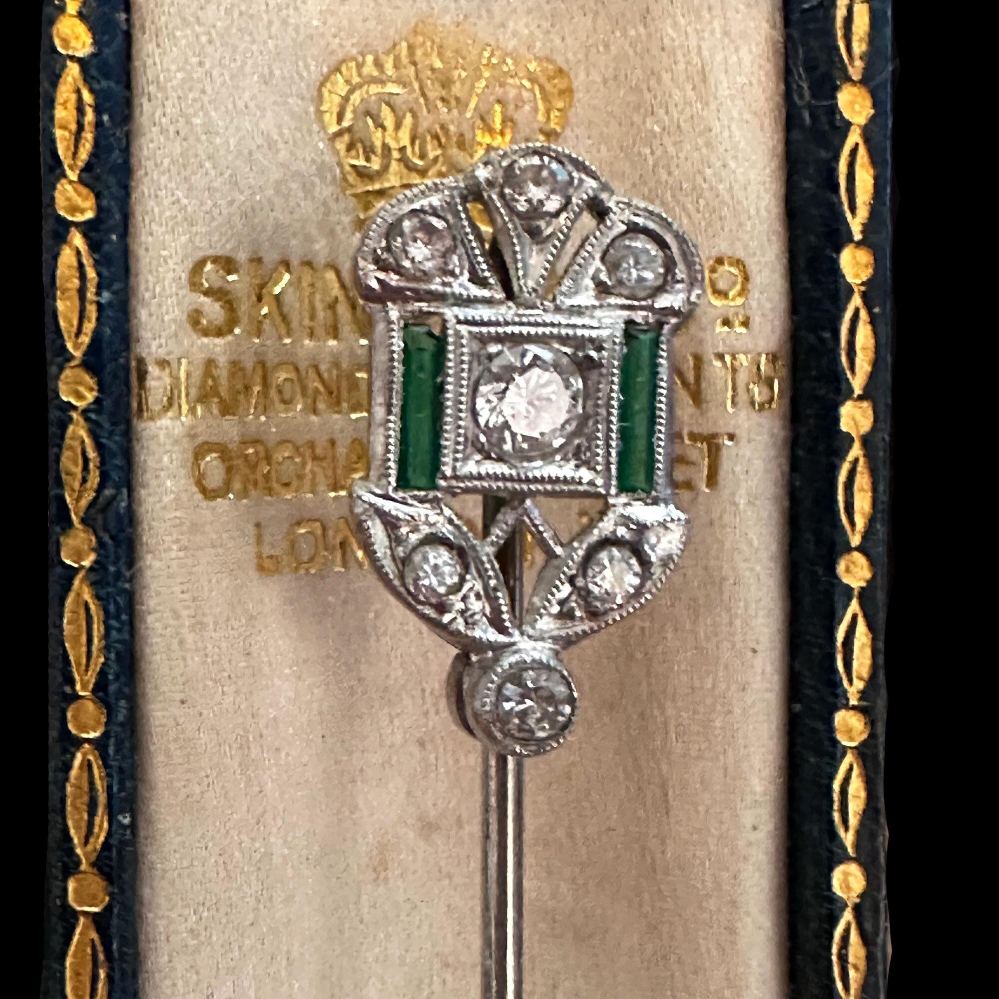 Art Deco Platinum Stick Pin with Emerald & Diamond, Geometric Antique ...