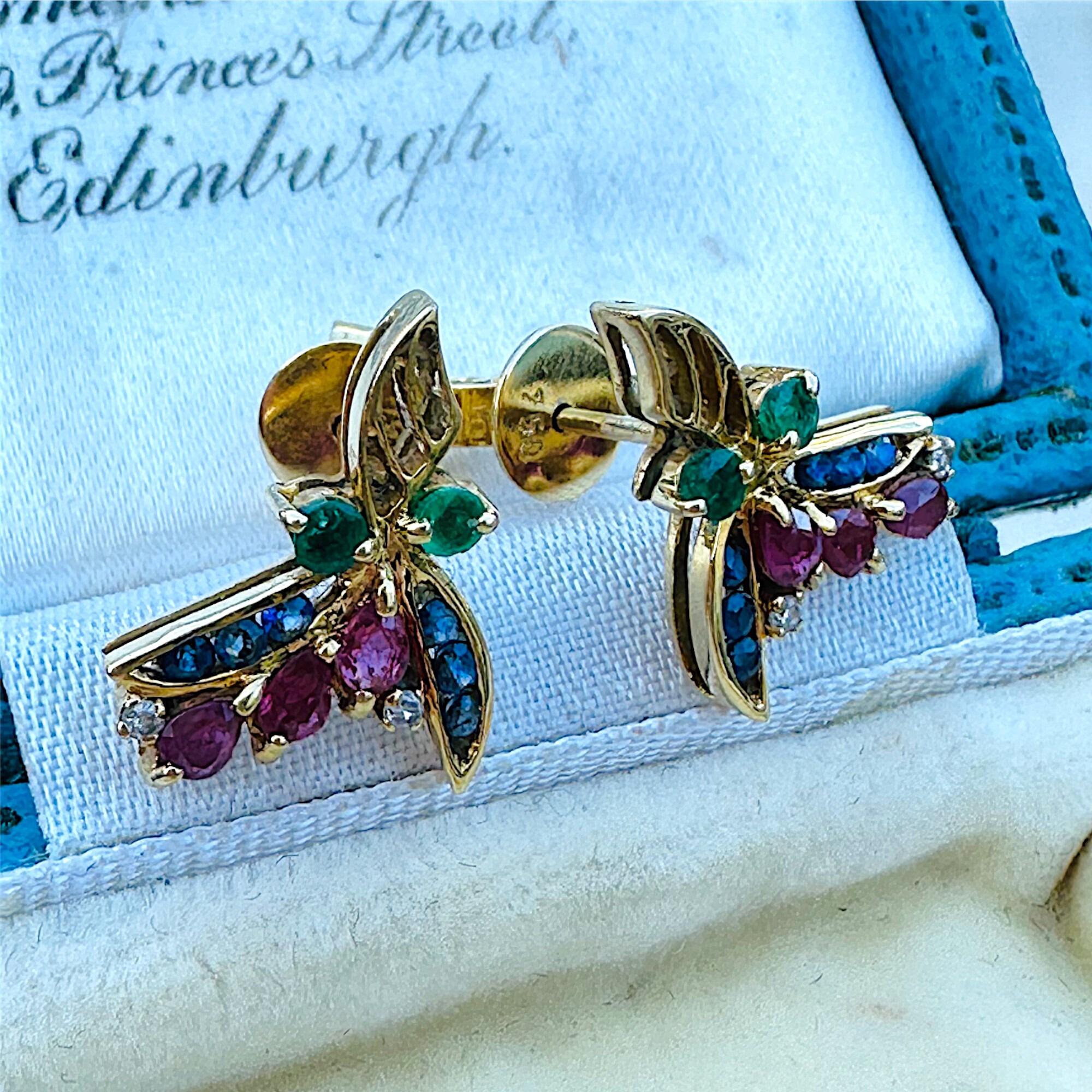 18K Yellow Gold Floral Sprig Earrings with Sapphires, Rubies, Emeralds ...