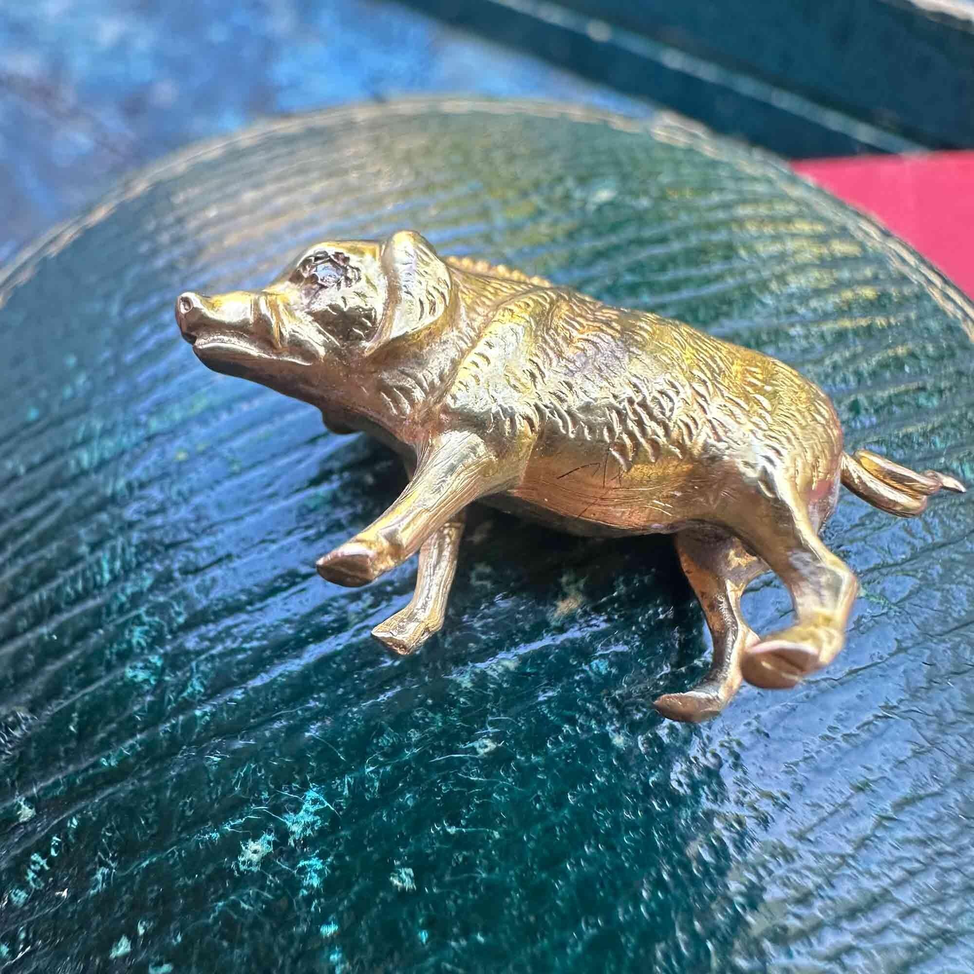 Victorian Gold Wild Boar Pendant with Diamond Eyes - Antique Charm
