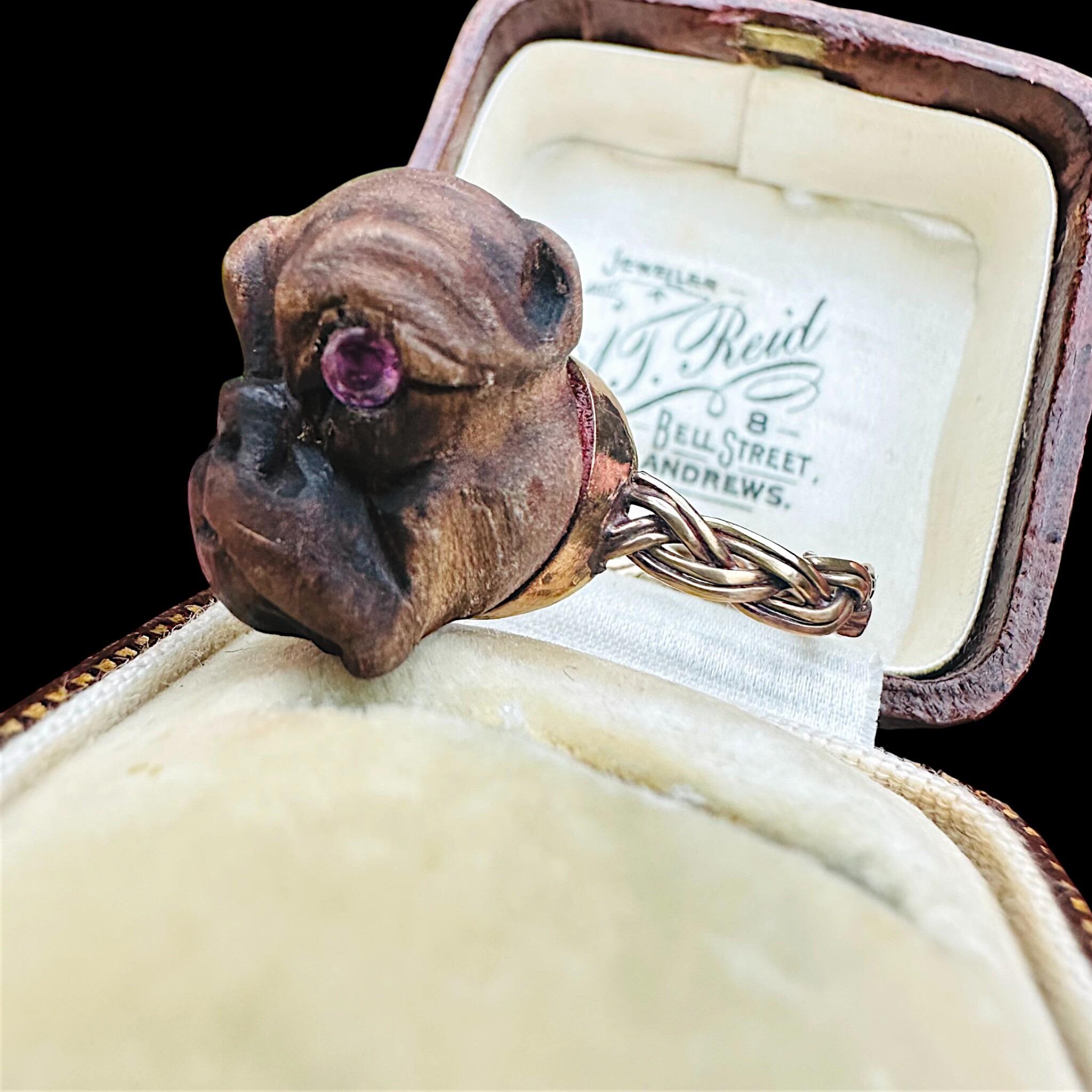 Victorian Bog Oak Bulldog Ring: 9ct Gold & Ruby Eyes Jewelry