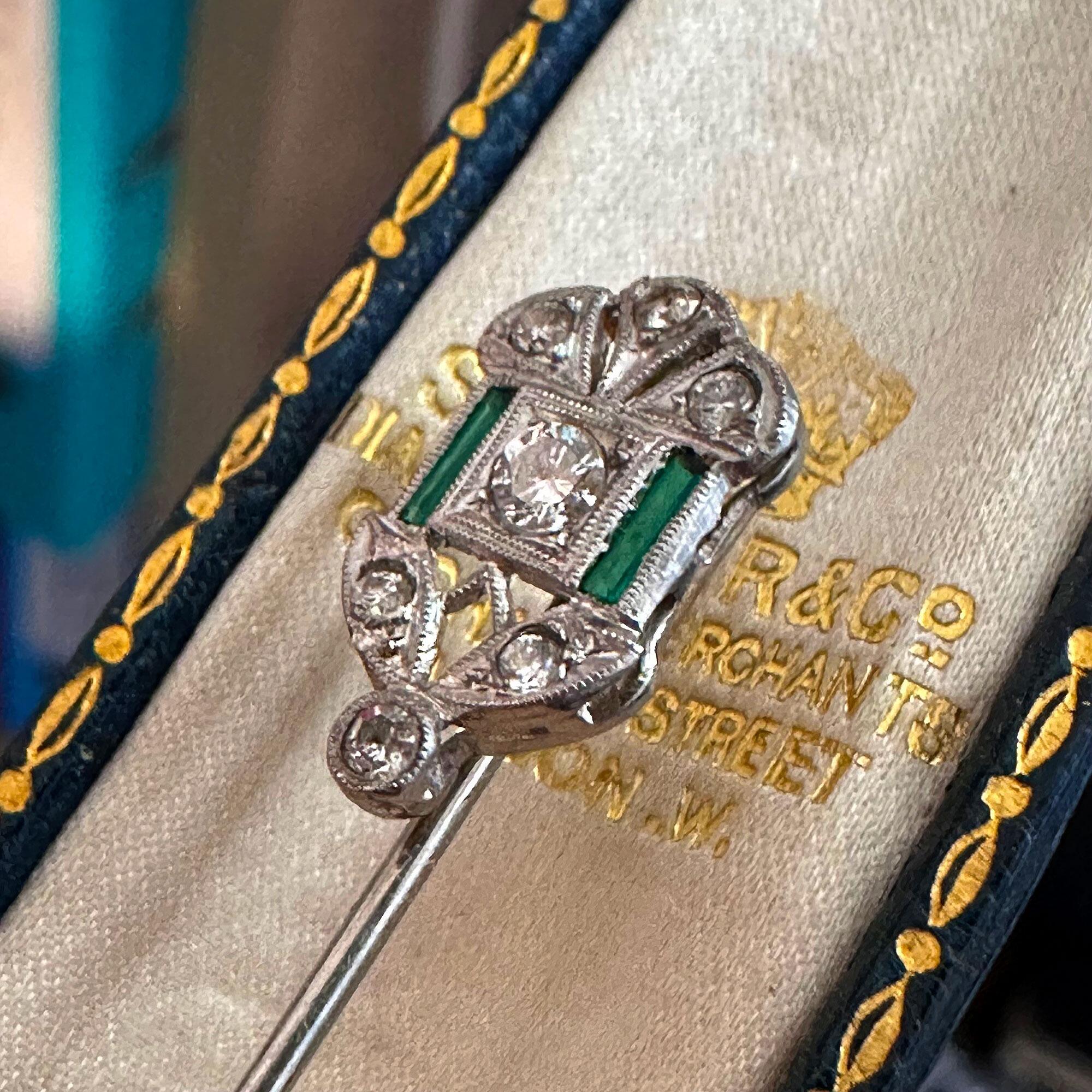 Art Deco Platinum Stick Pin with Emerald & Diamond, Geometric Antique ...
