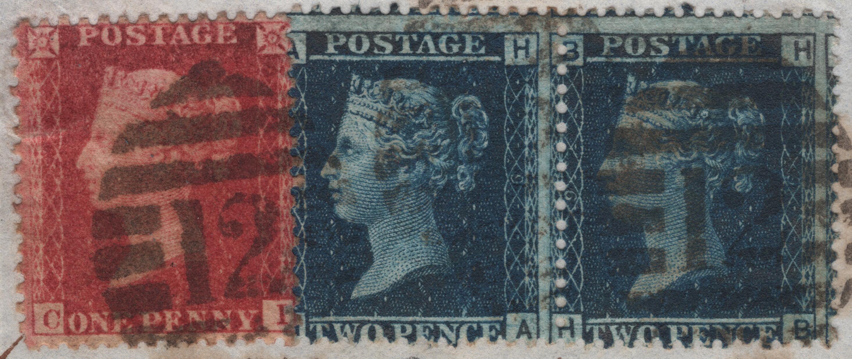 March 1863 - London to St.Etienne. Pair of SG45 2d Blue plate 9 & SG40 ...