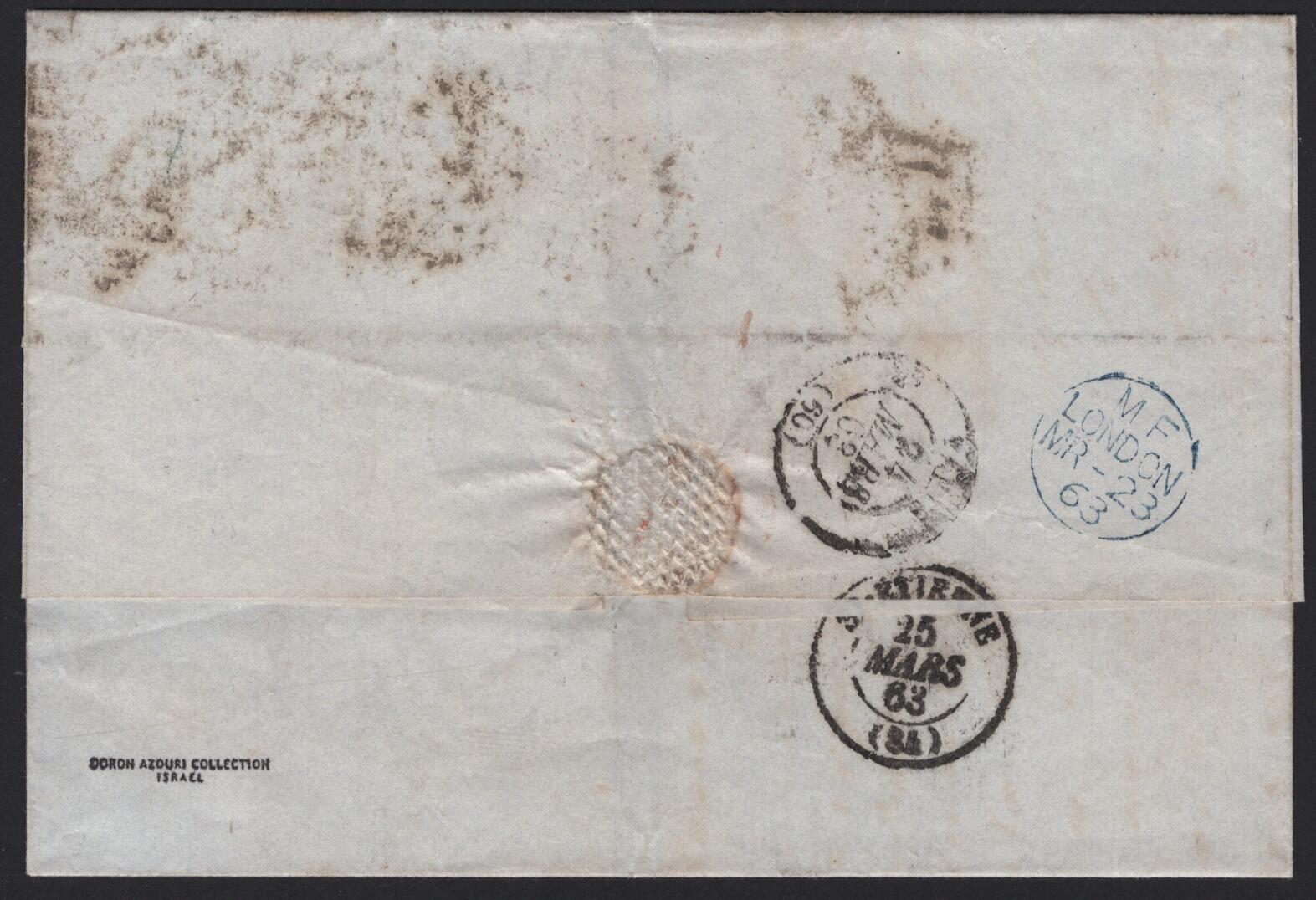 March 1863 - London to St.Etienne. Pair of SG45 2d Blue plate 9 & SG40 ...