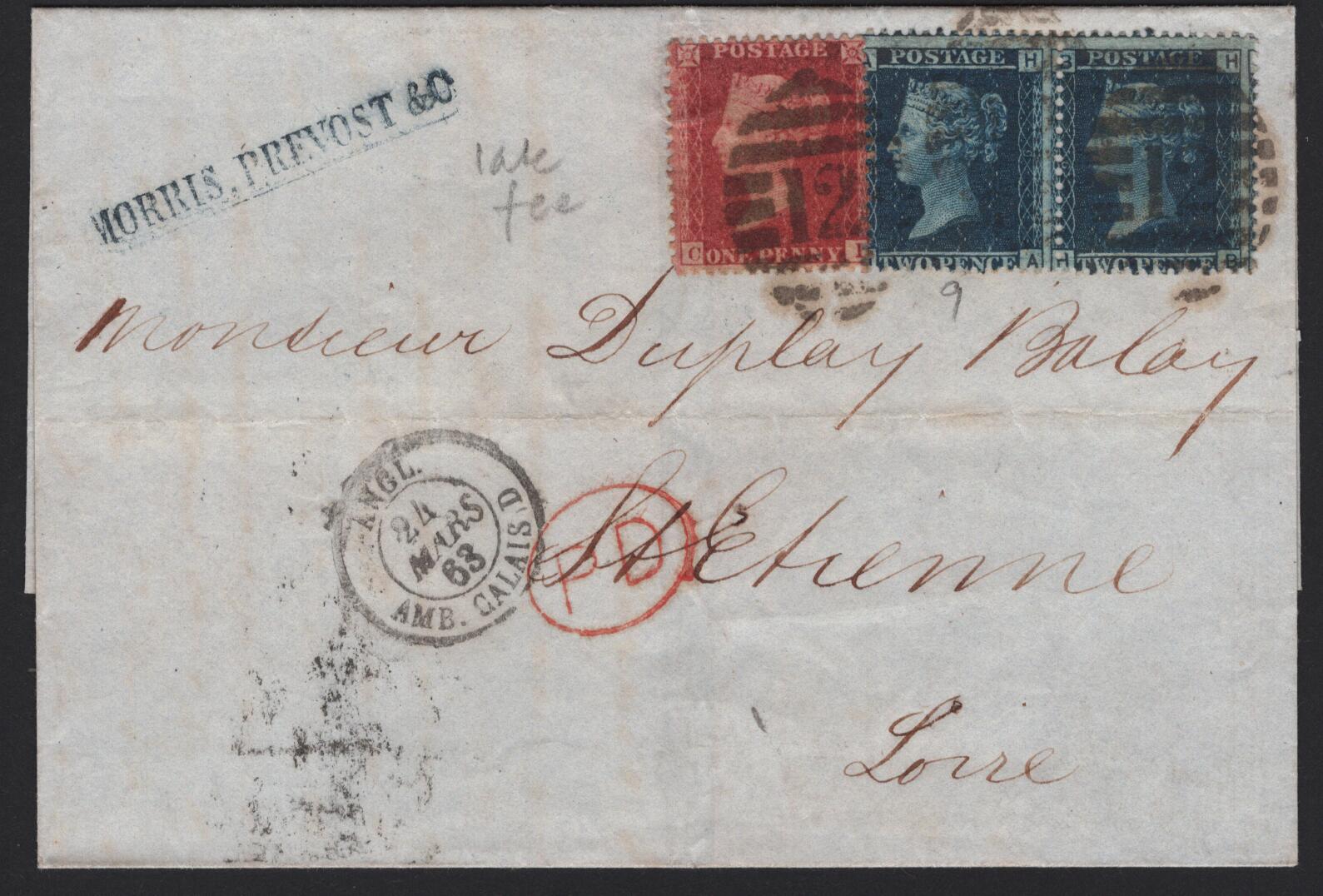 March 1863 - London to St.Etienne. Pair of SG45 2d Blue plate 9 & SG40 ...
