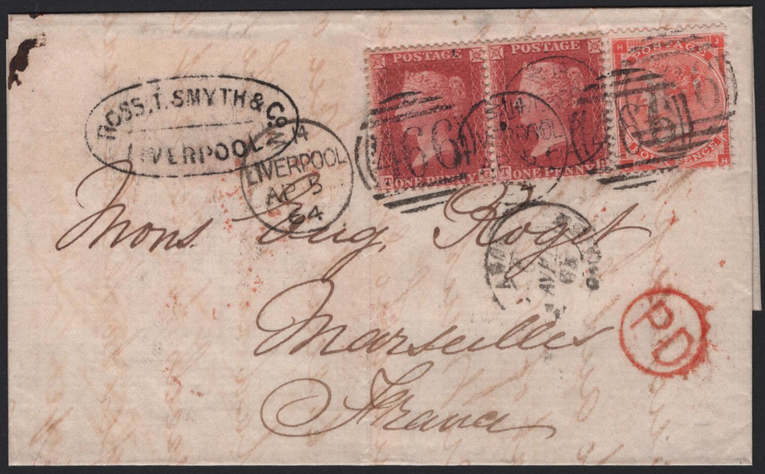 Wrapper from Liverpool to Marseille with 2d Late Fee paid by 2x 1d red ...