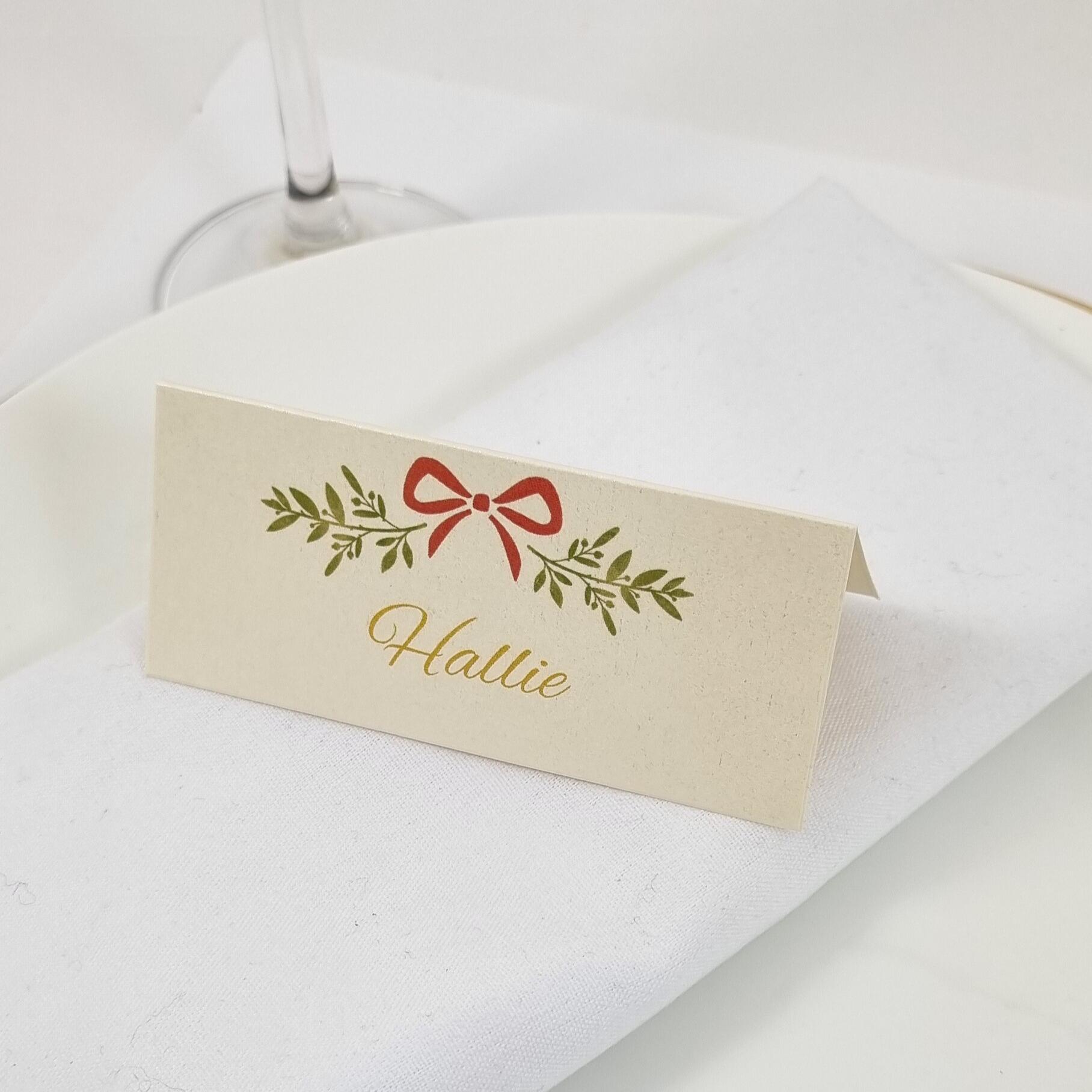 Personalised Christmas Place Cards. Mistletoe Leaf Garlands And Rec Bow ...