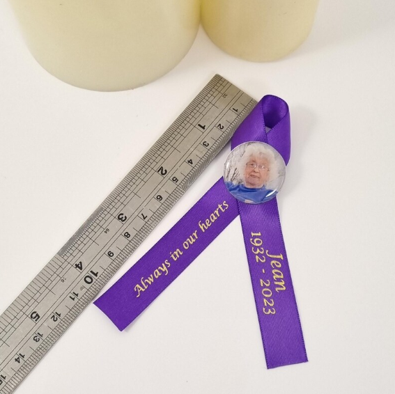 Photo Memorial Ribbon. Personalised Funeral Ribbon With Photo Disc