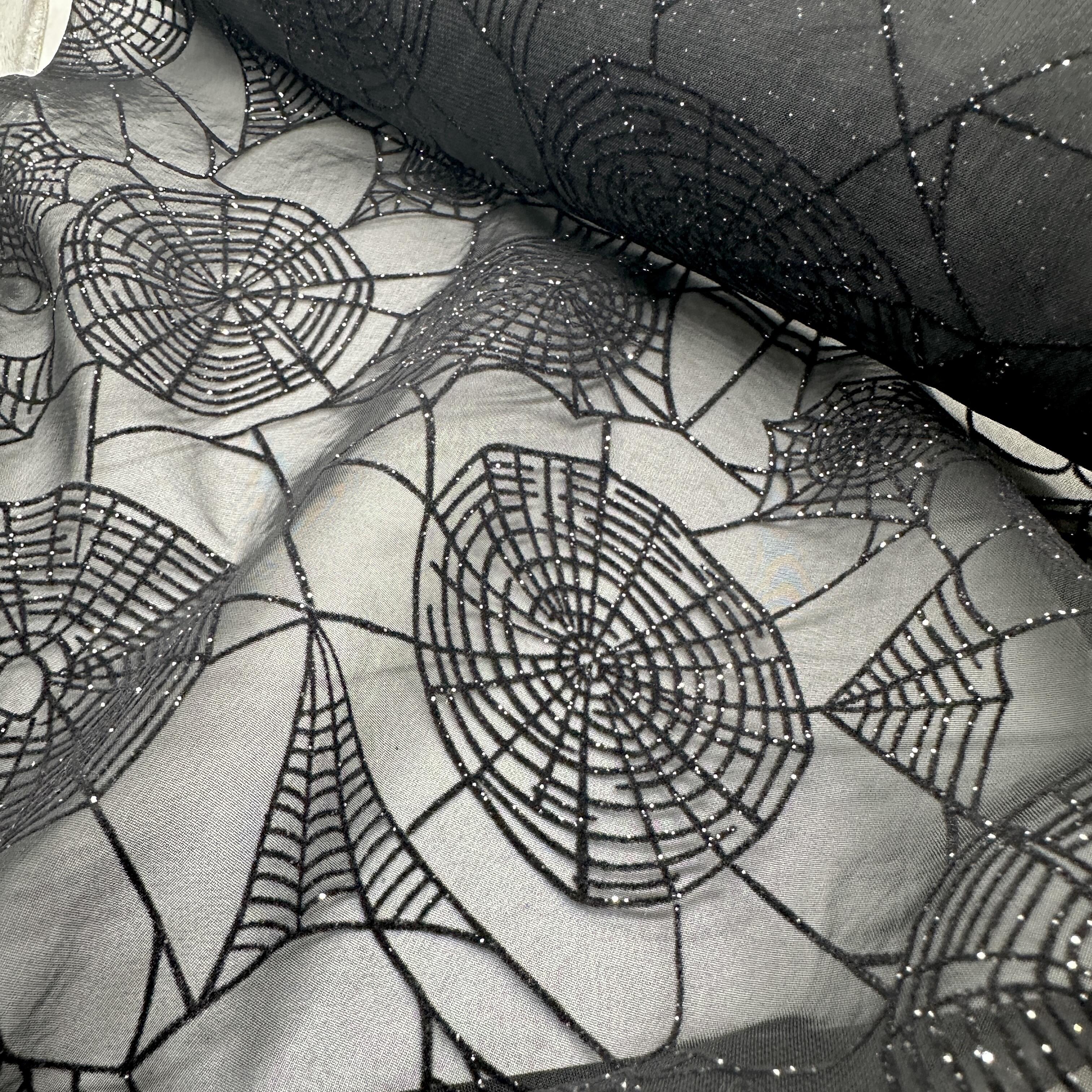 Black Spider Web Flocked Voile Fabric – Glitter Halloween Mesh 112cm
