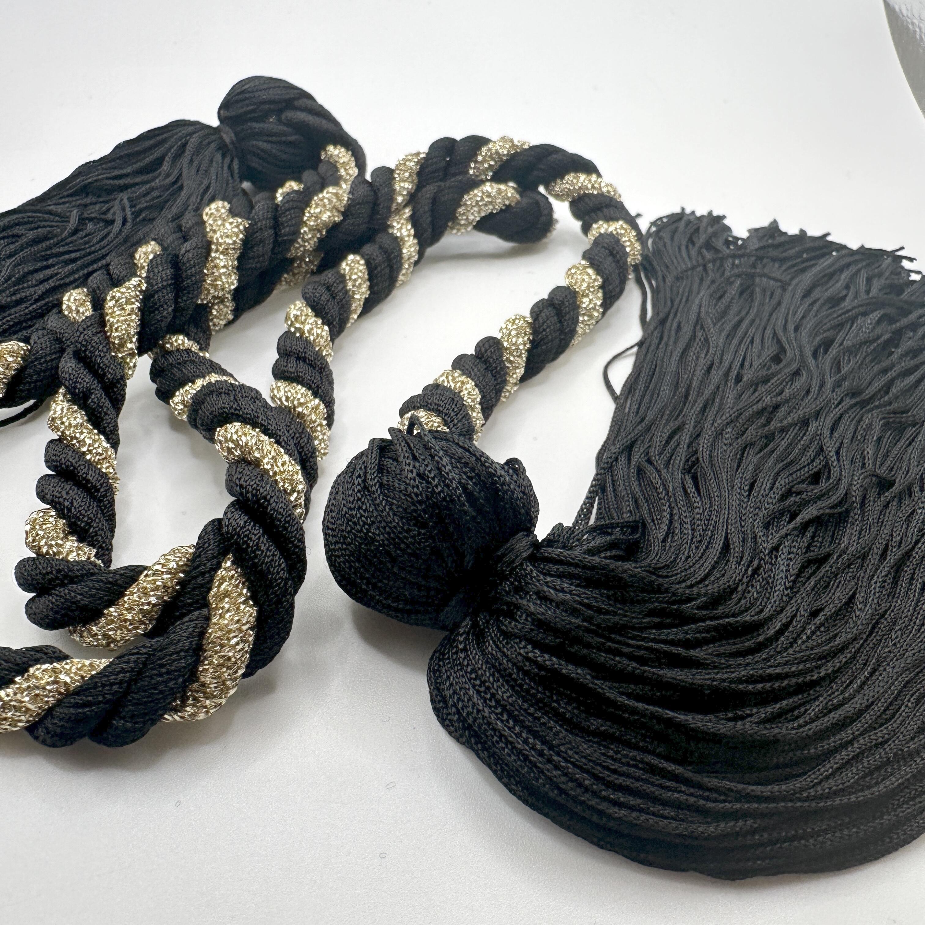Decorative Cord Tie with Tassels - 08mm twisted cord - BLACK metallic ...
