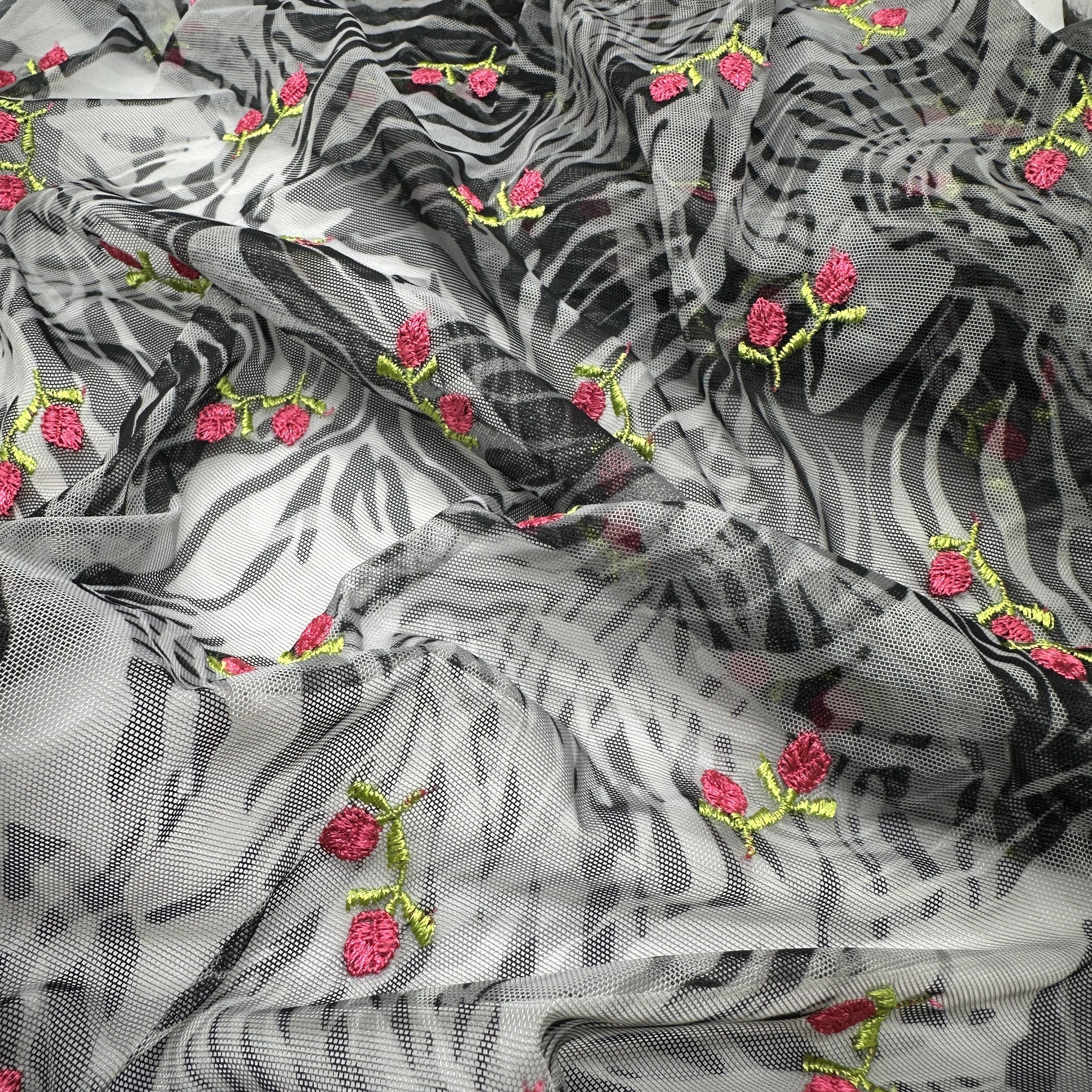 Stretch Tulle Lace – Black Animal Print with Pink Roses