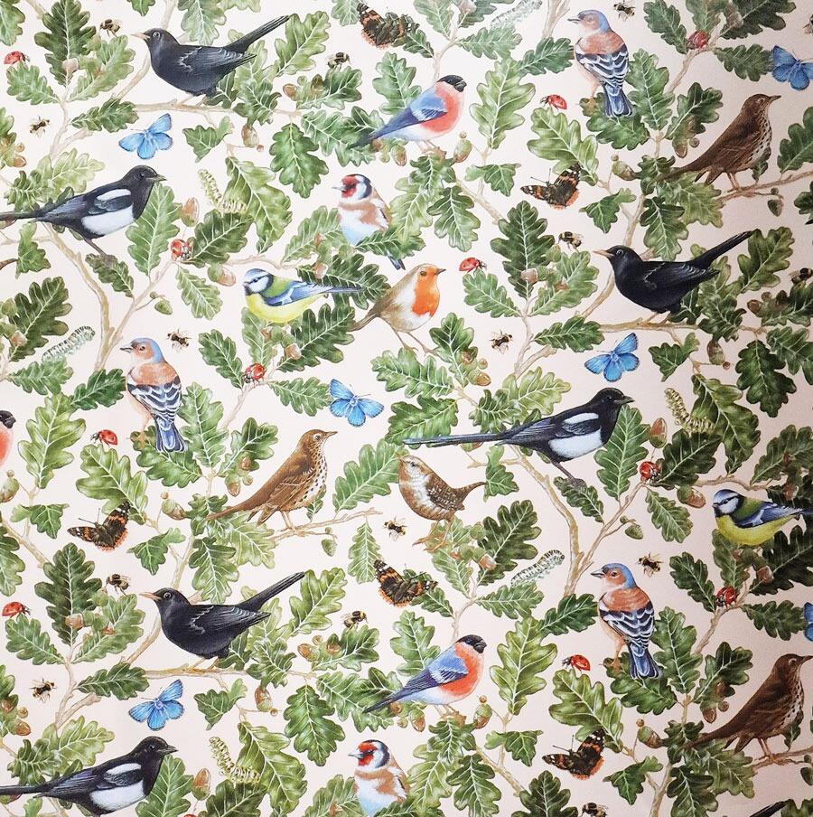 British Birds and Oak Tree Leaves Wrapping Paper