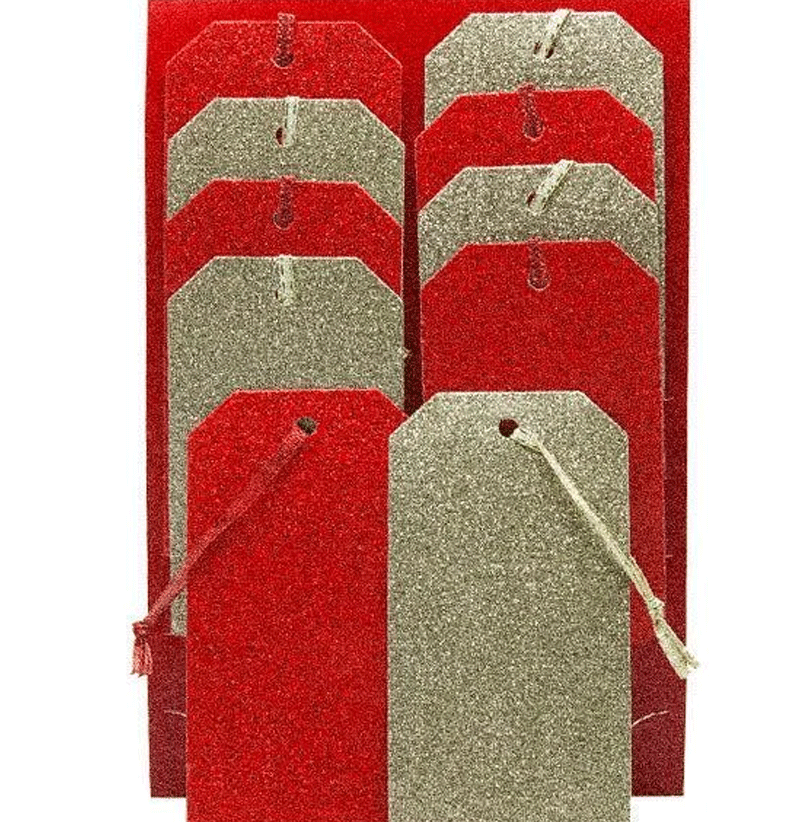 10 Red and Gold Glitter Gift Tags with Ribbons