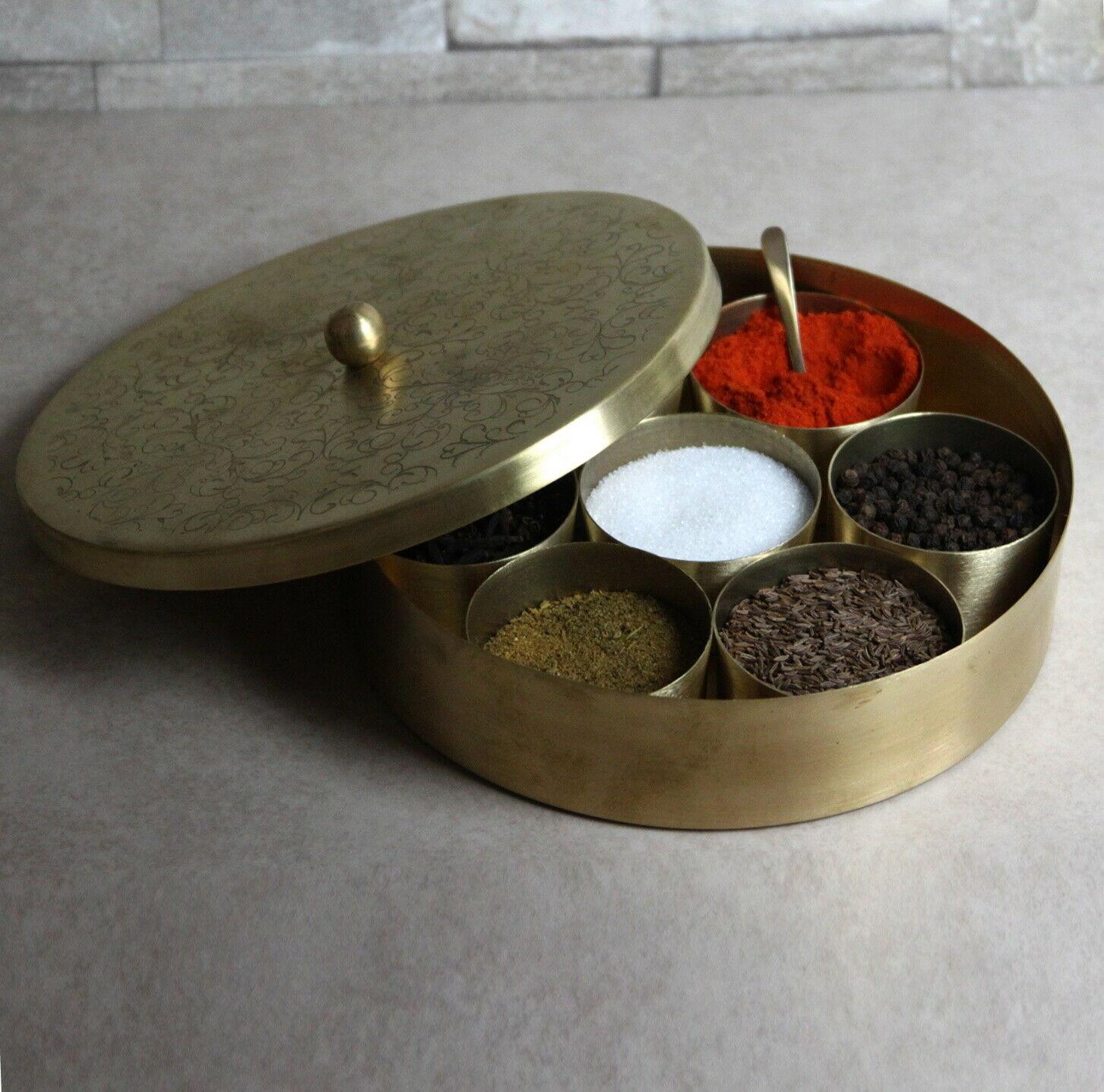 Indian Spice Tin Masala Dabba Box Brass 7 Spices Storage Pooja Spoon ...