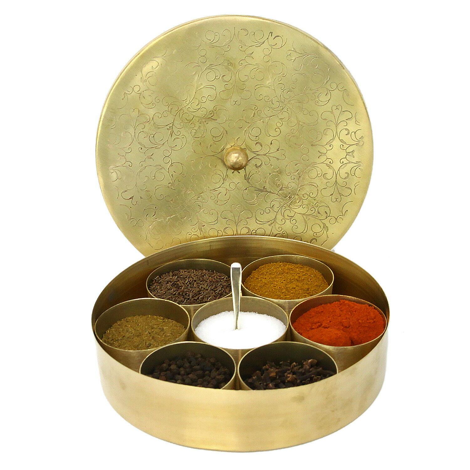 Indian Spice Tin Masala Dabba Box Brass 7 Spices Storage Pooja Spoon ...