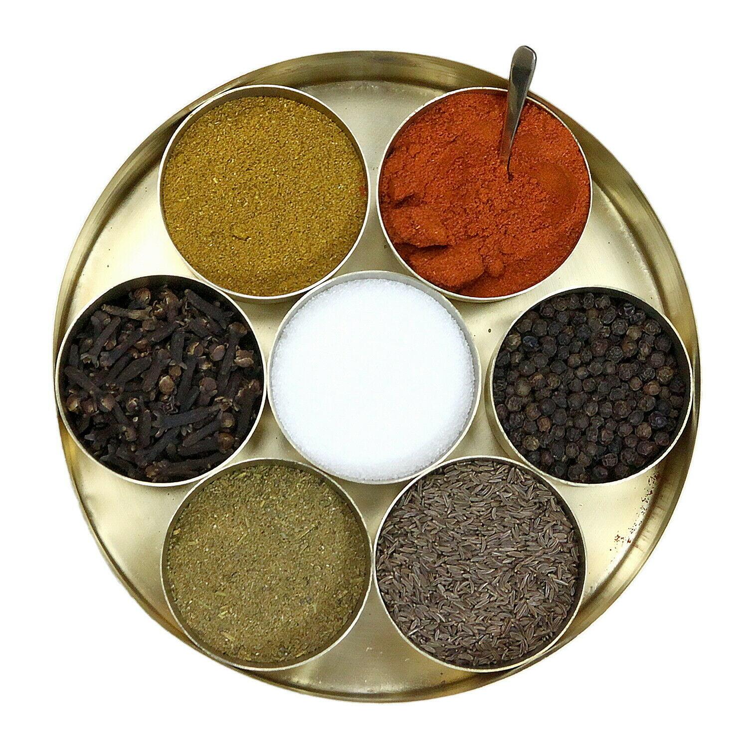 Indian Spice Tin Masala Dabba Box Brass 7 Spices Storage Pooja Spoon ...