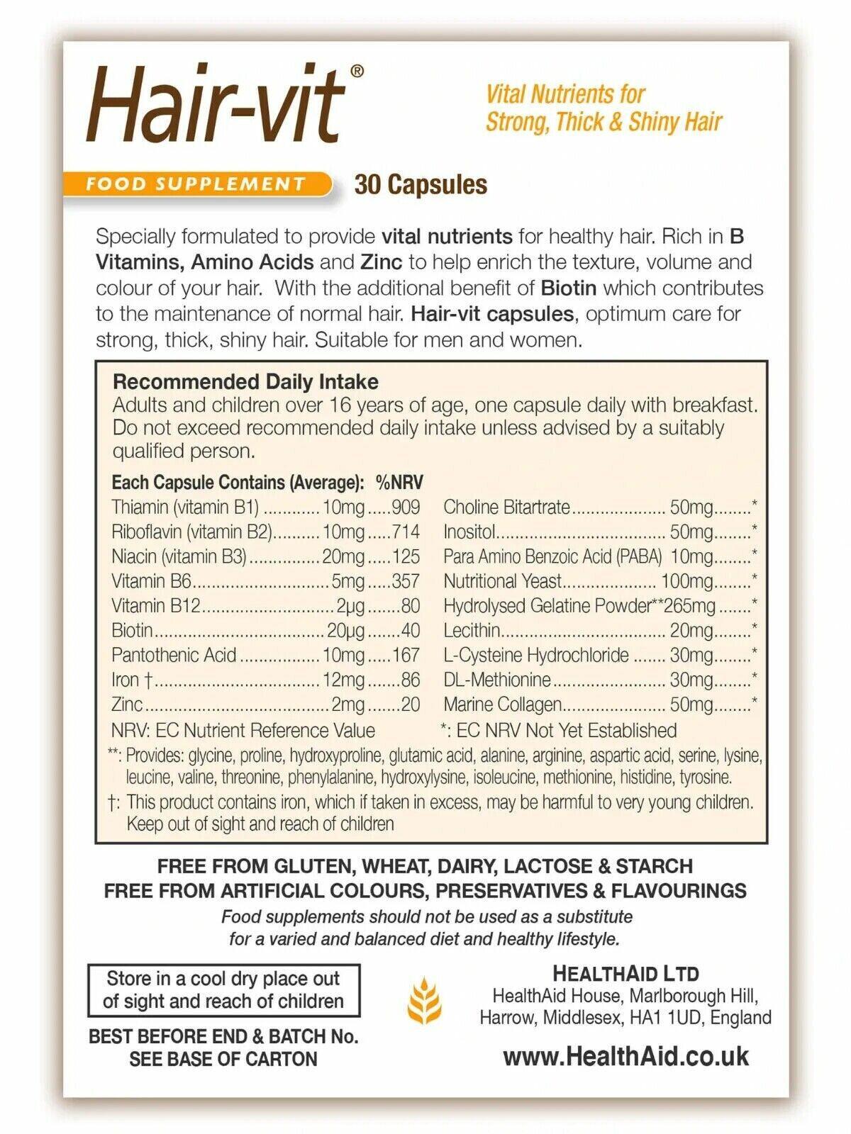 HealthAid Hair-Vit 30 Caps Hair For Hair Growth Essential Vitamins and ...