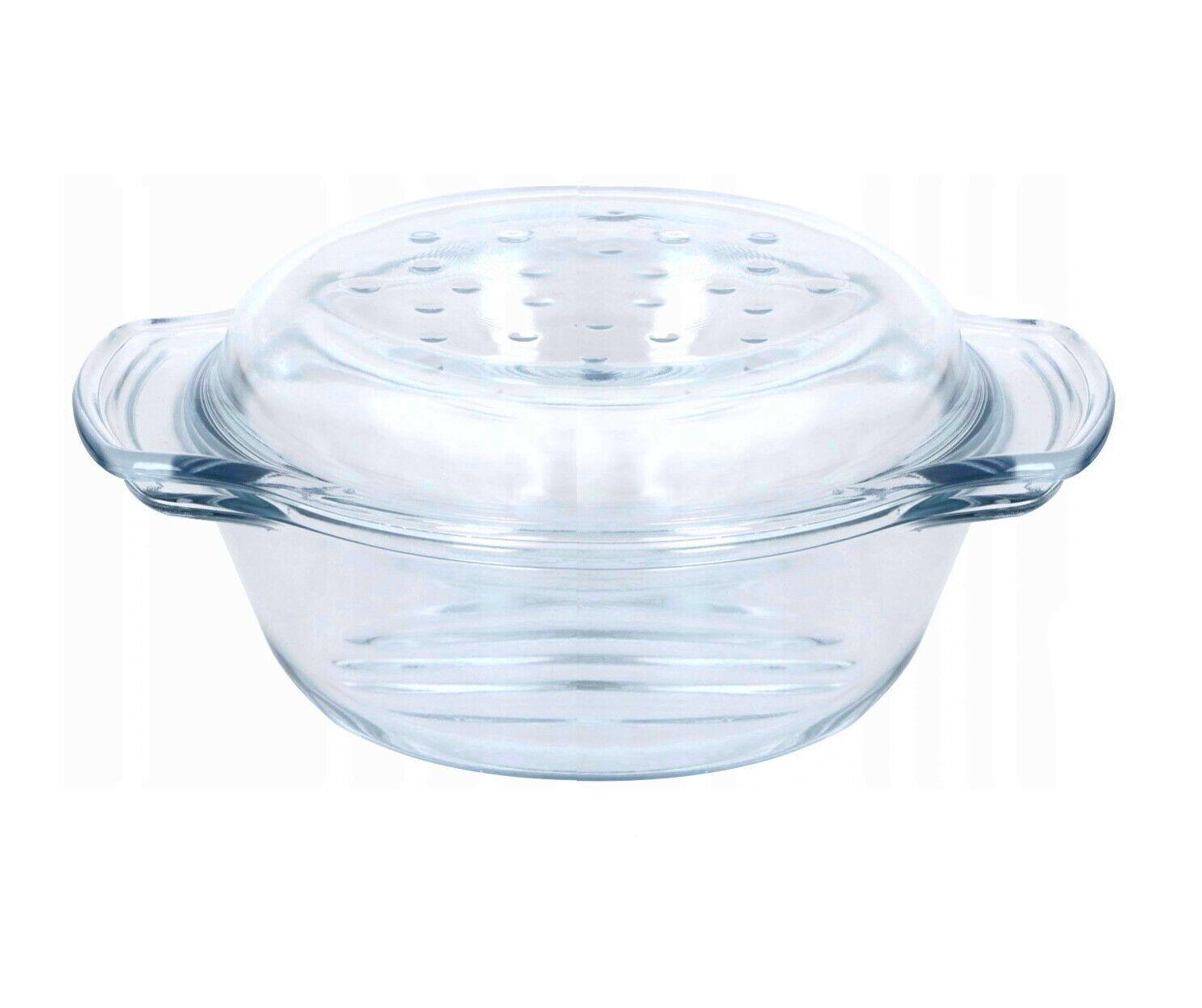 Glass Round Casserole Dish With Lid Ovenware Bakeware Microwave Safe 1L