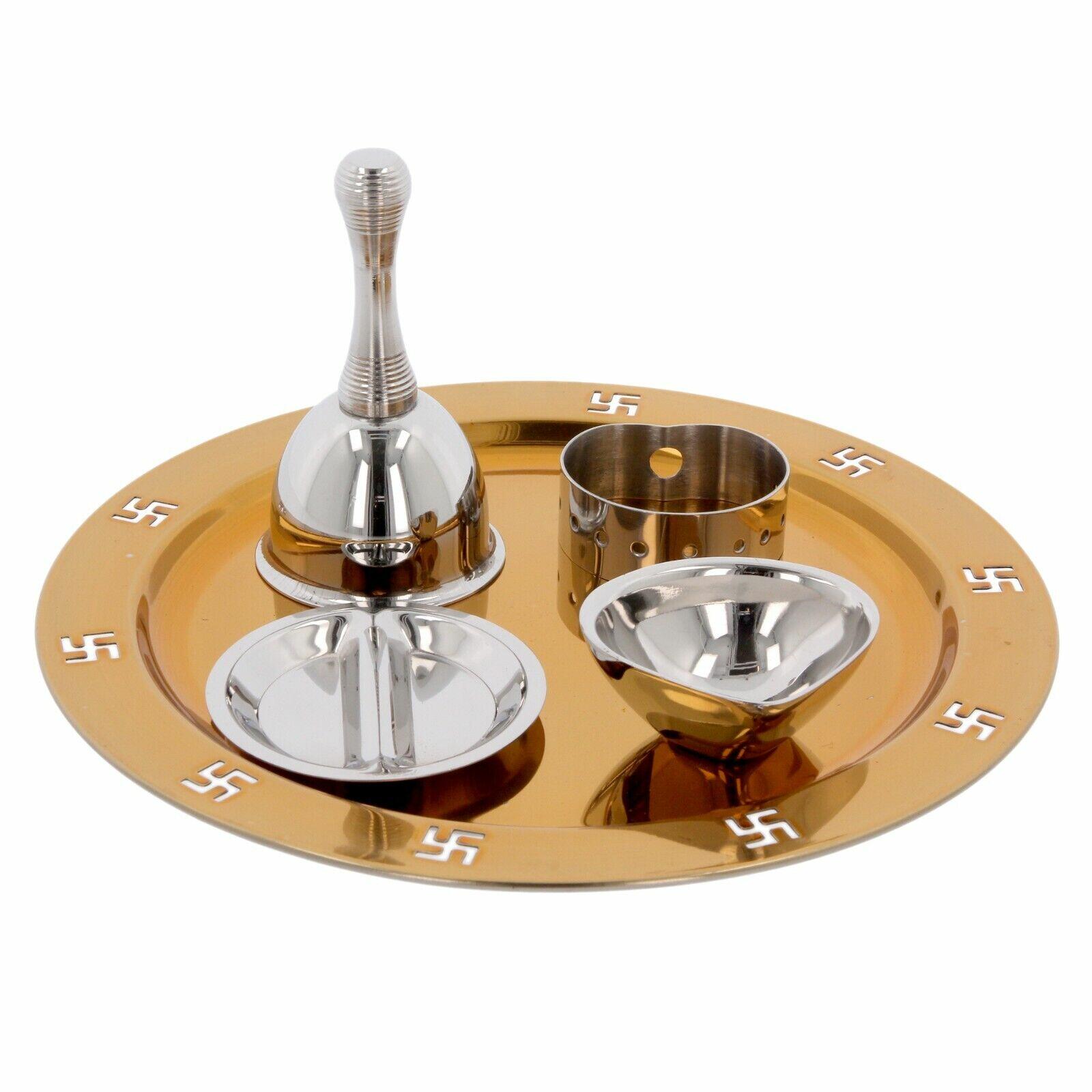 Pooja Thali Plate Set 5PC Aarti Prayer Puja Diya Bell Hindu Temple ...