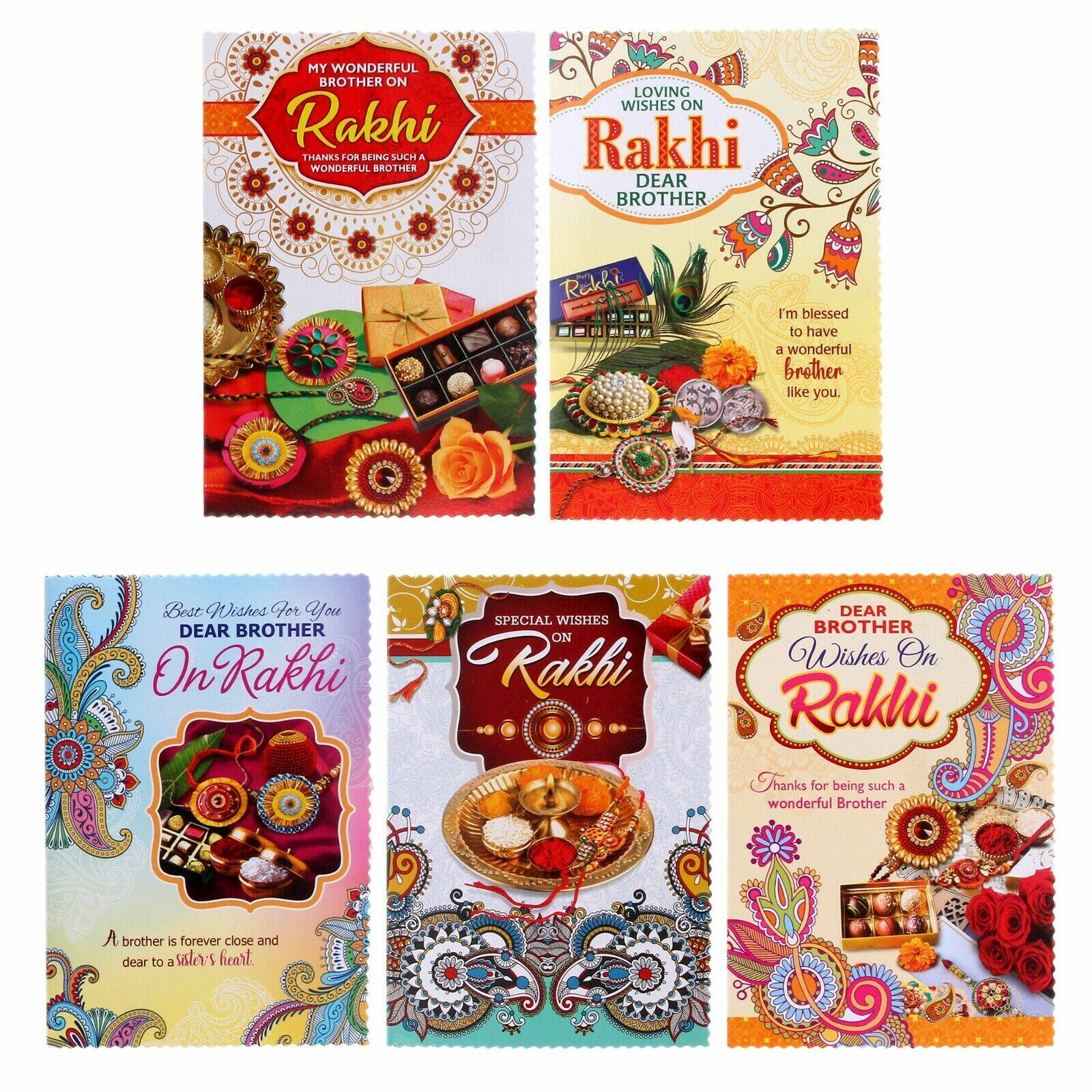 5 Rakhi Cards Pack Raksha Bandhan Greeting Card Assorted Brother Hindu ...