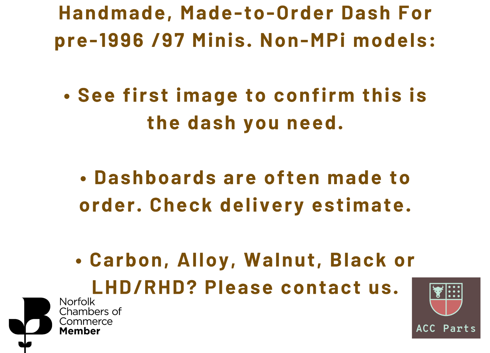 Classic Mini Dashboard , Brackets, Vent Set, Burr RHD 3 | Made to Order