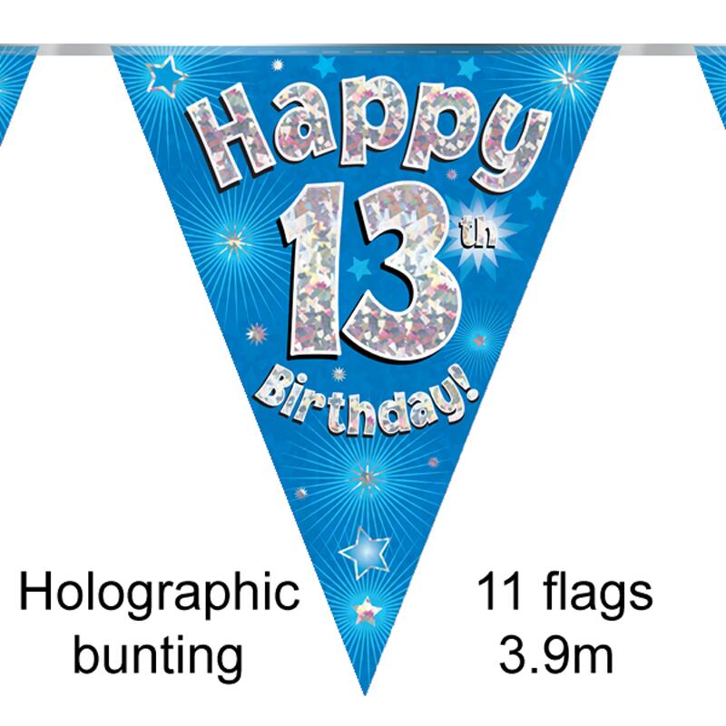 Oaktree - Party Bunting Birthday Blue Holographic 11 flags 3.9m ~AGES~