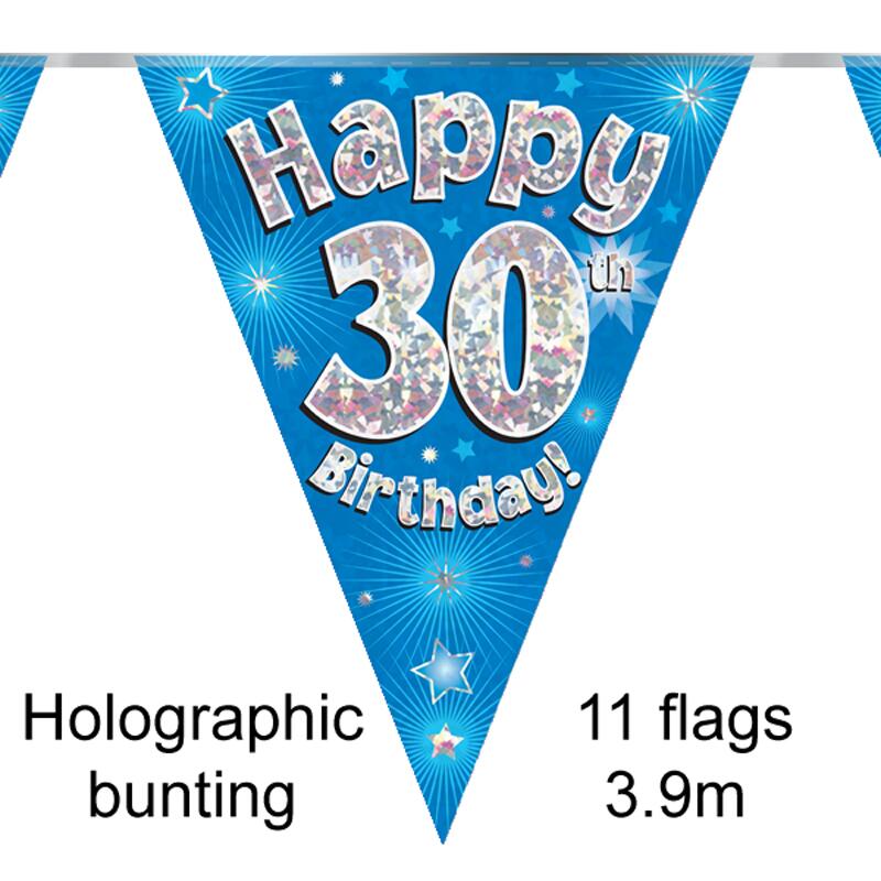 Oaktree - Party Bunting Birthday Blue Holographic 11 flags 3.9m ~AGES~