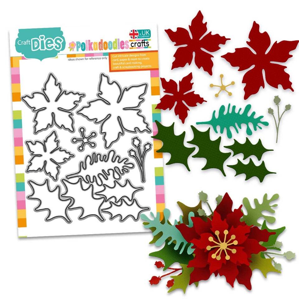 Polkadoodles - Poinsettia & Holly Flower Craft Cutting Die Set. A6 4x6"