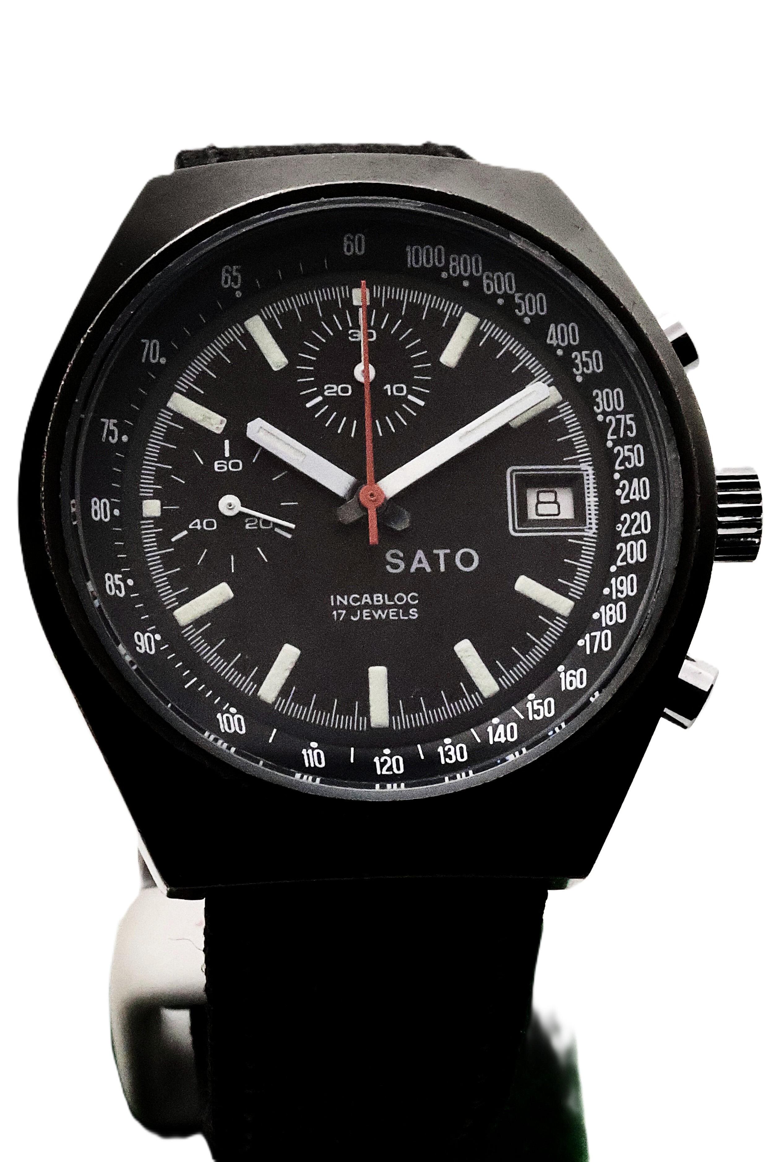 A 1980s Black PVD Coated Hand Wound Chronograph Sato
