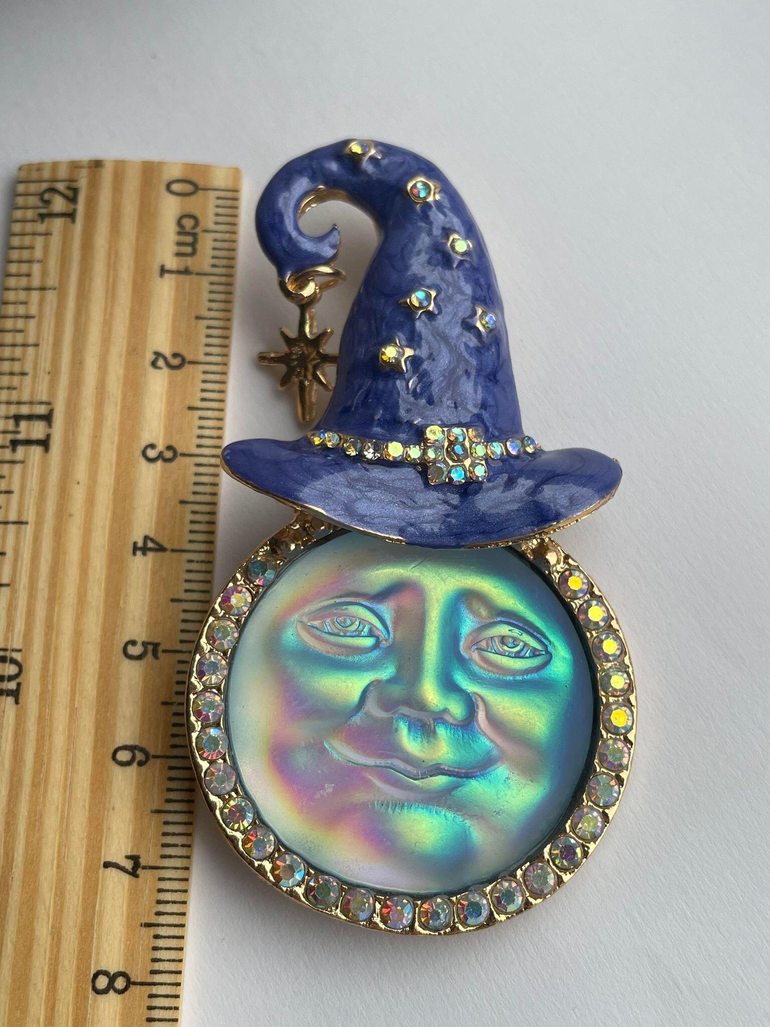 Celestial iridescent moon face brooch