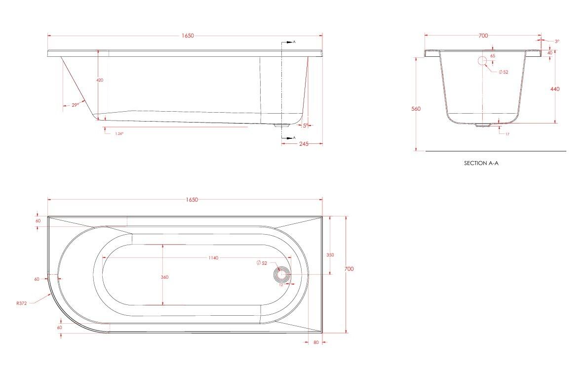 Beaufort Biscay 1650 x 700 mm J Shaped Single Ended Whirlpool Bath 12 ...