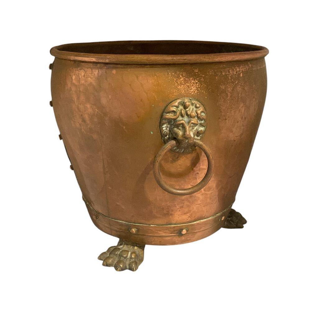 Antique Riveted Copper Planter With Lions Head Handles And Paw Feet