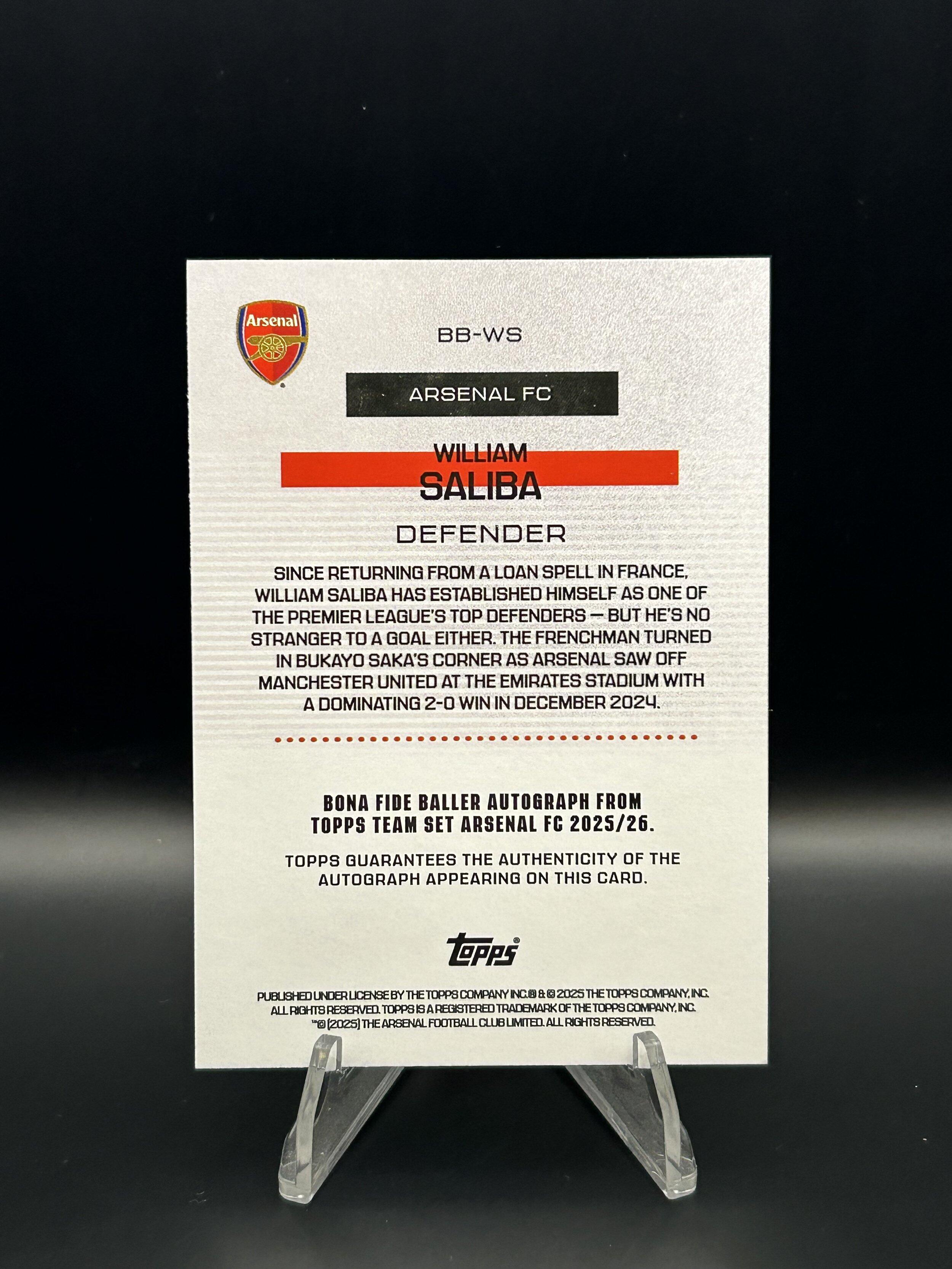 William Saliba 1/5 Autograph – Bonafide Baller (Topps Arsenal Team Set ...