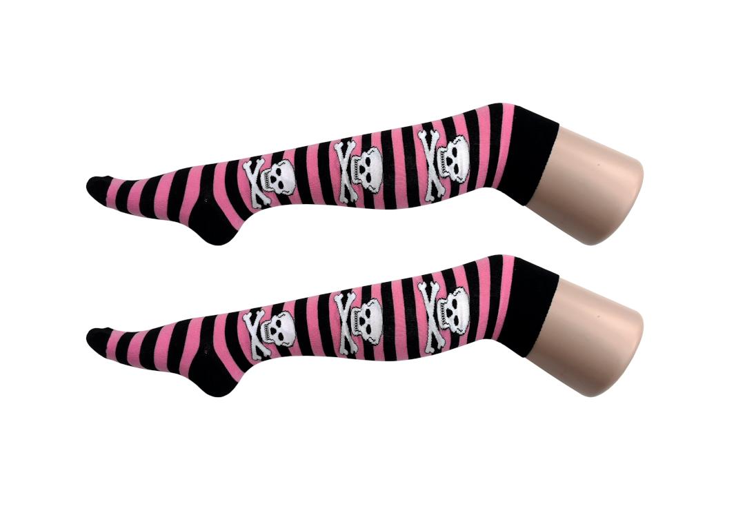 Baby Pink & Black Skull & Stripe Macahel Over The Knee Socks