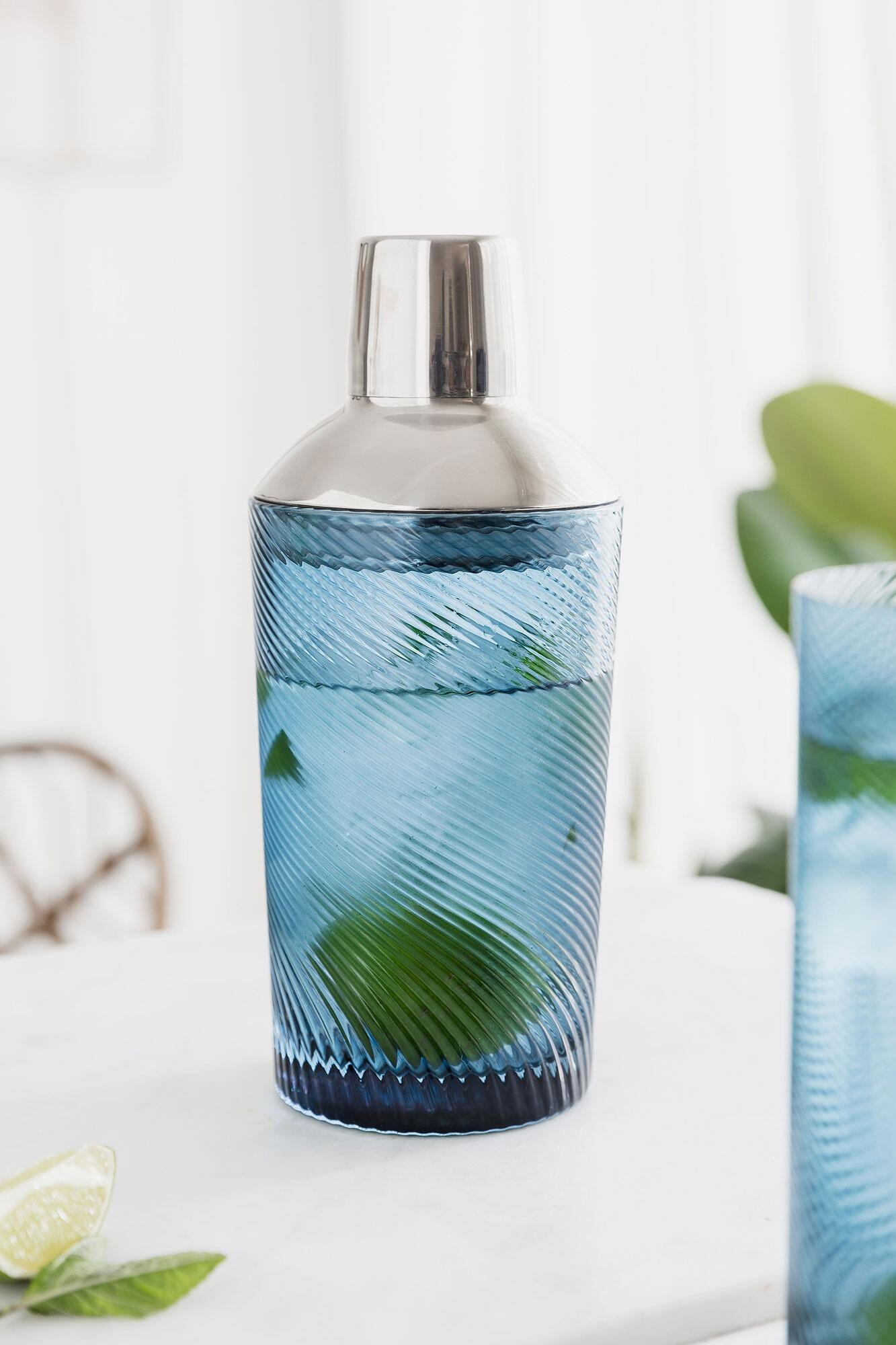 Coloured Glass Twist Cocktail Shaker - Blue | Shop Barware