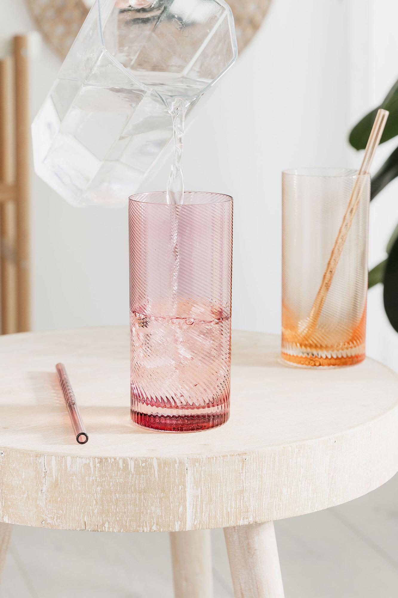 Coloured Glass Twist Highball Tumblers - Pink and Peach