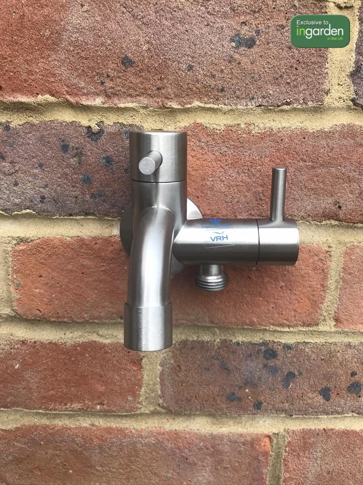Modern Stainless Steel Garden Tap. Twin Connectors.