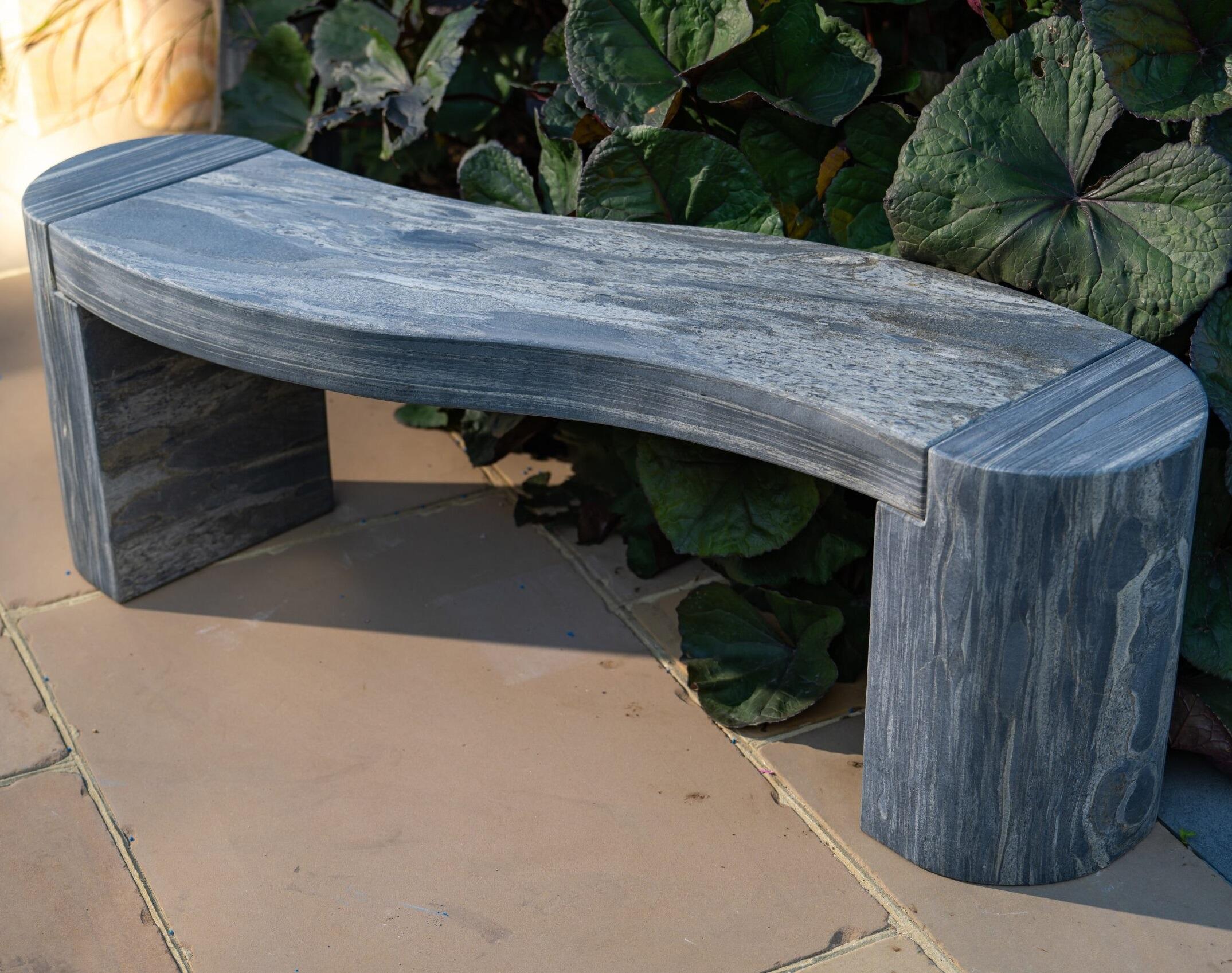 Modern Dark Lead Grey Sandstone Garden Bench with Soft "S" Curve Design