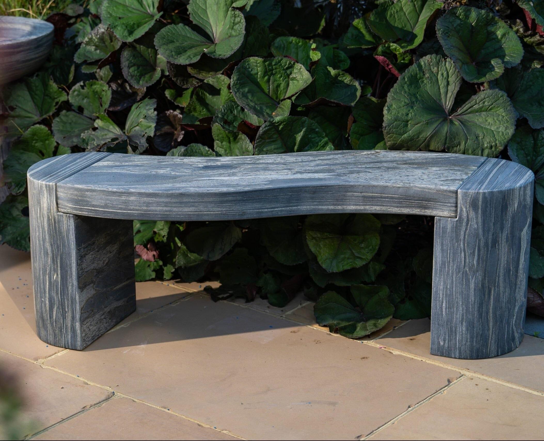 Modern Dark Lead Grey Sandstone Garden Bench with Soft "S" Curve Design