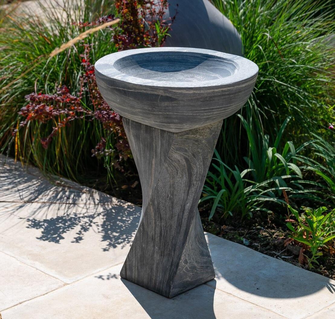 Rainbow Sandstone Bird Bath With Twisted Base in Natural Stone