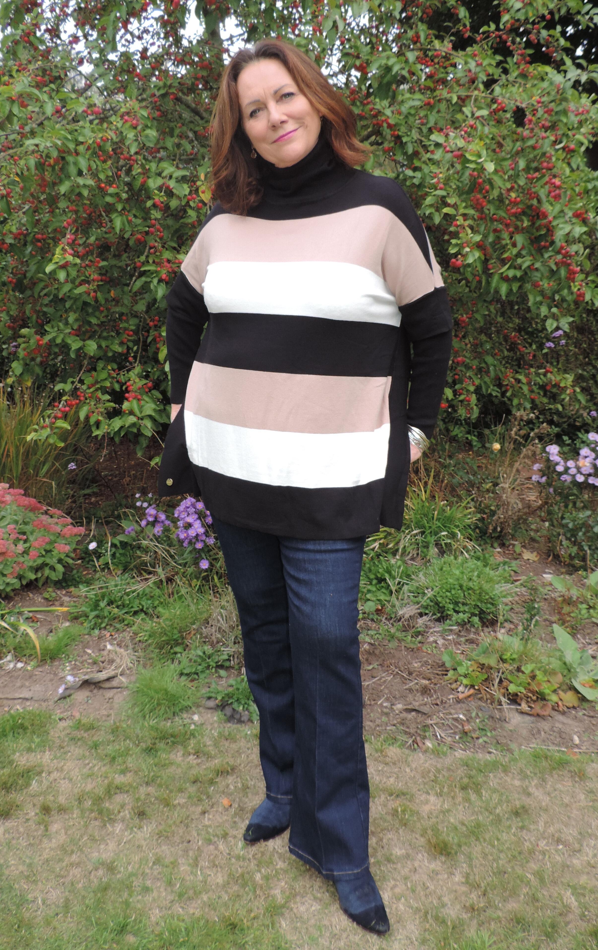 High Neck Color Block Jumper | Women’s Longline Knitwear for Winter