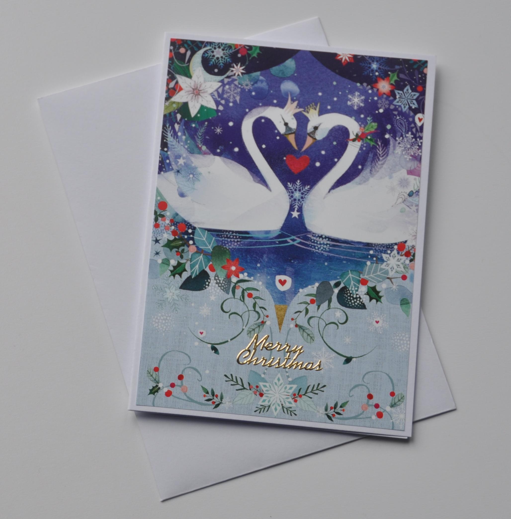 Handmade Christmas Card - Swans Love Hearts